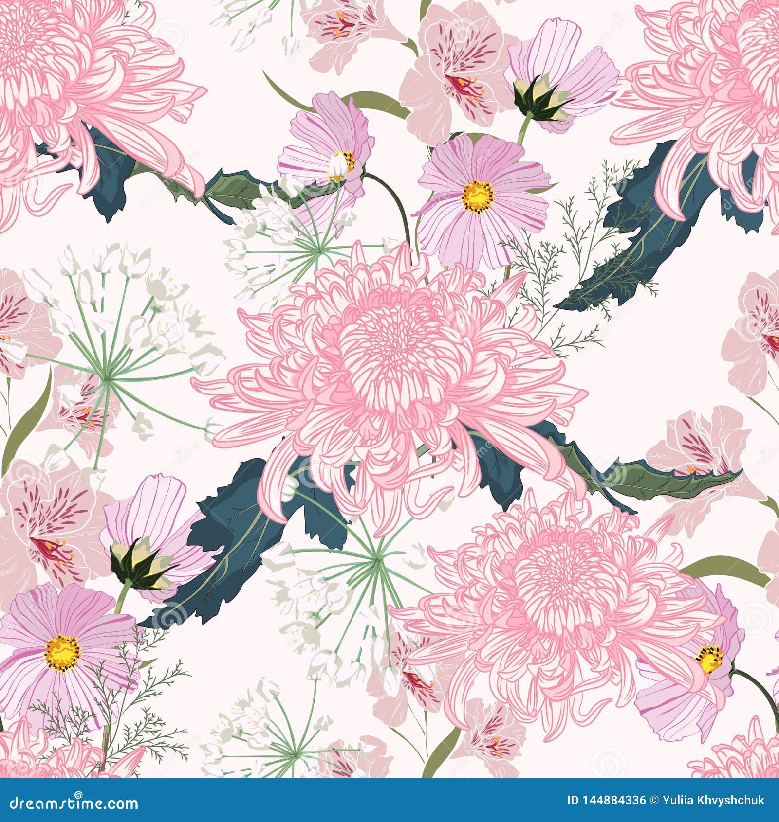 Seamless Floral Pattern. Pink Japanese National Flower Chrysanthemum ...