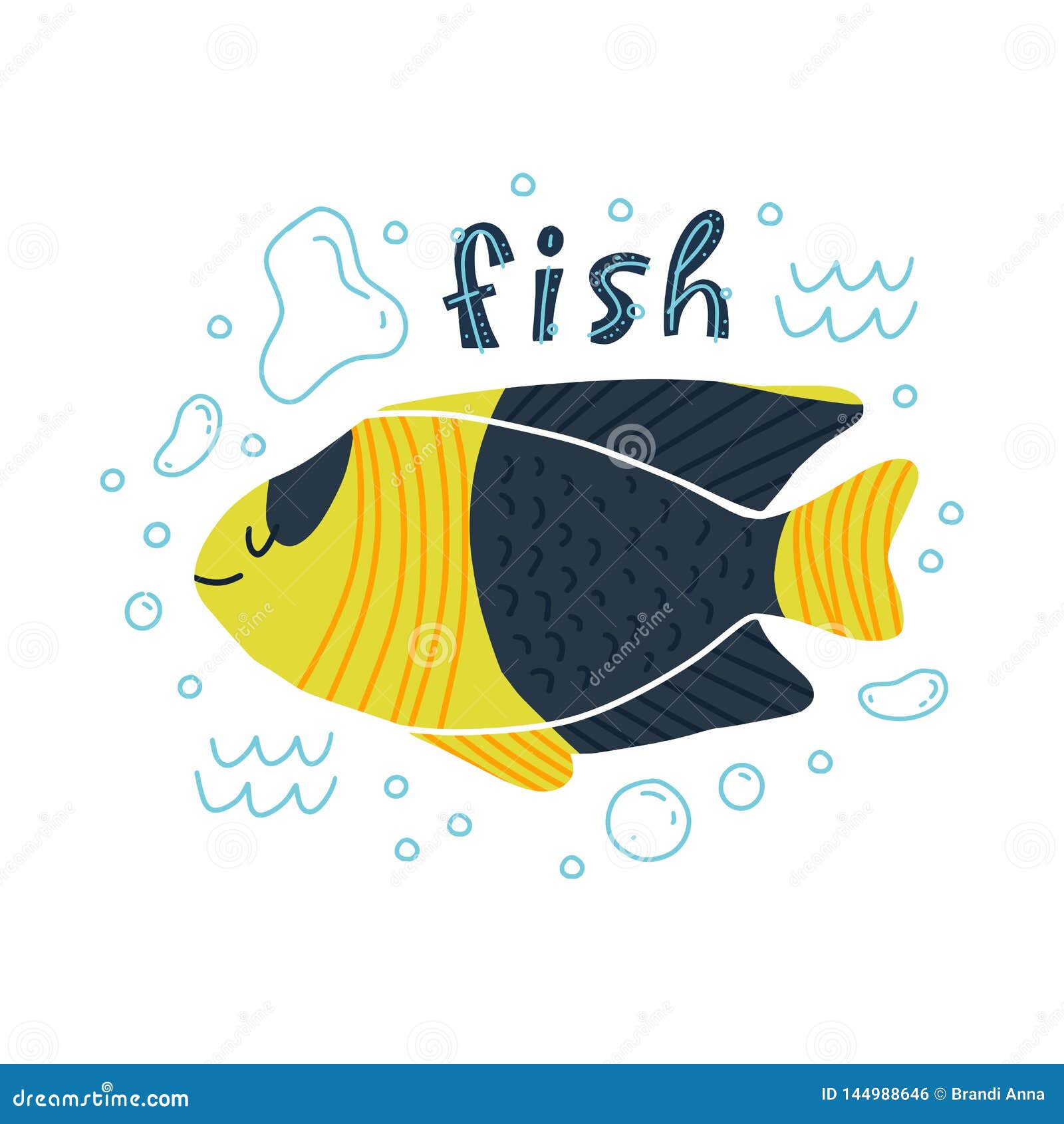 Vector Illustration of a Cute Tropical Fish in Water with Bubbles ...
