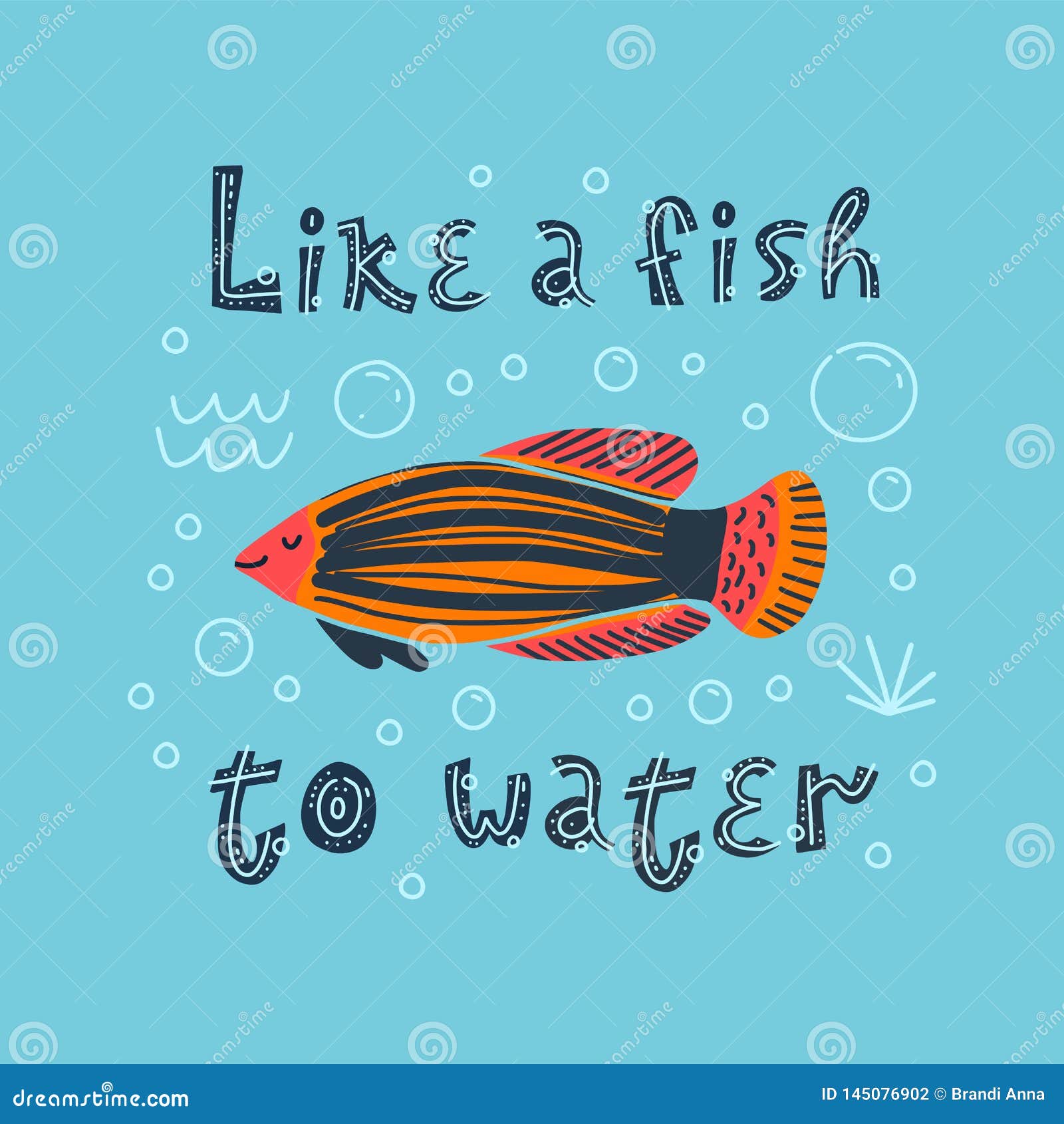 Vector Illustration of a Cute Tropical Fish in Water with Bubbles ...