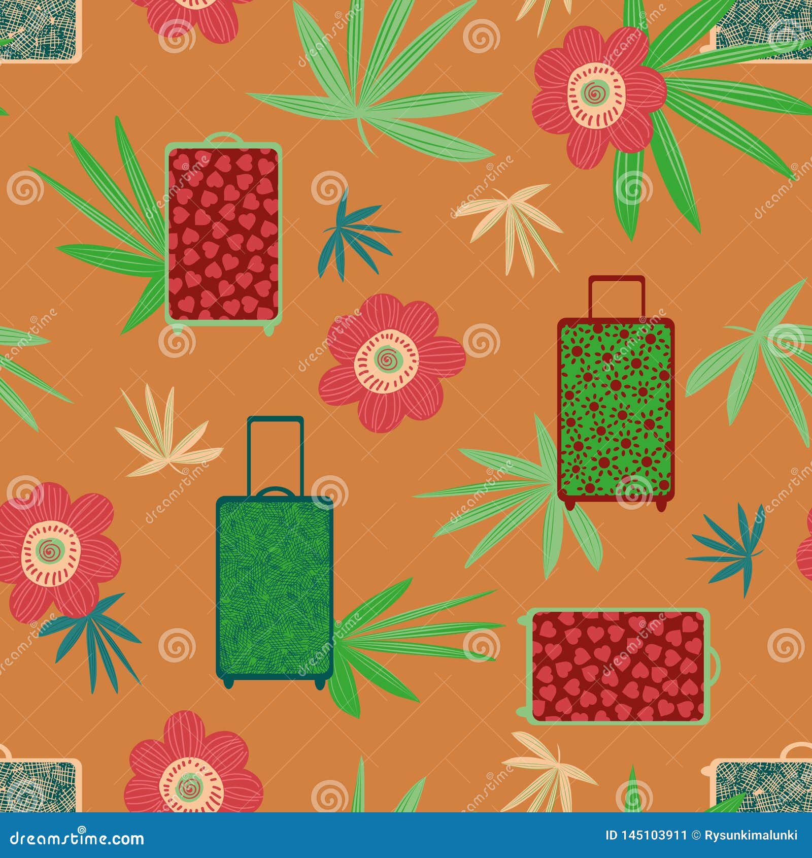 Seamless Vector Pattern with Colorful Suitcases and Tropical Flowers ...