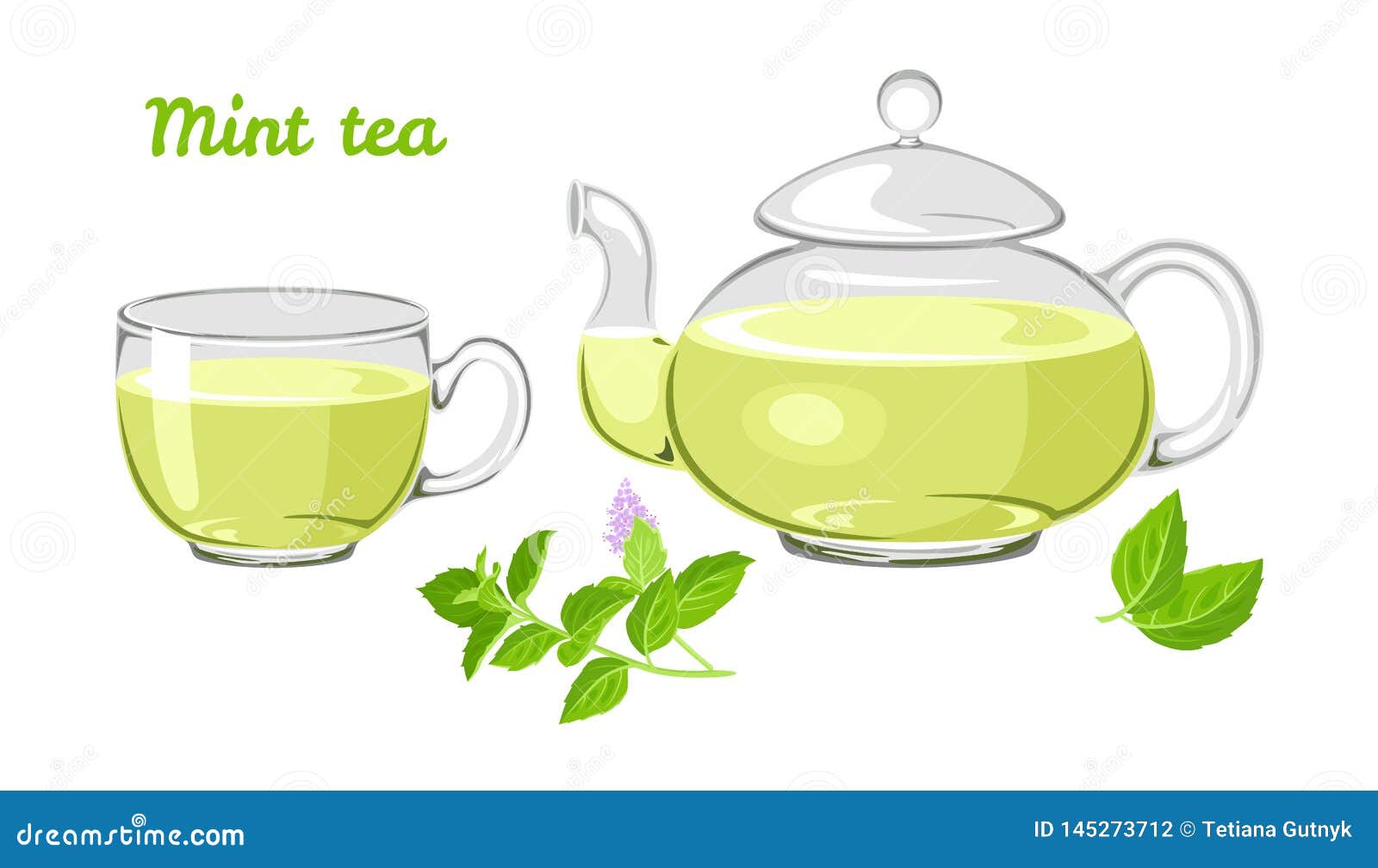 Mint Tea Set. Glass Cup and Teapot, a Branch of Blooming Fresh Mint ...