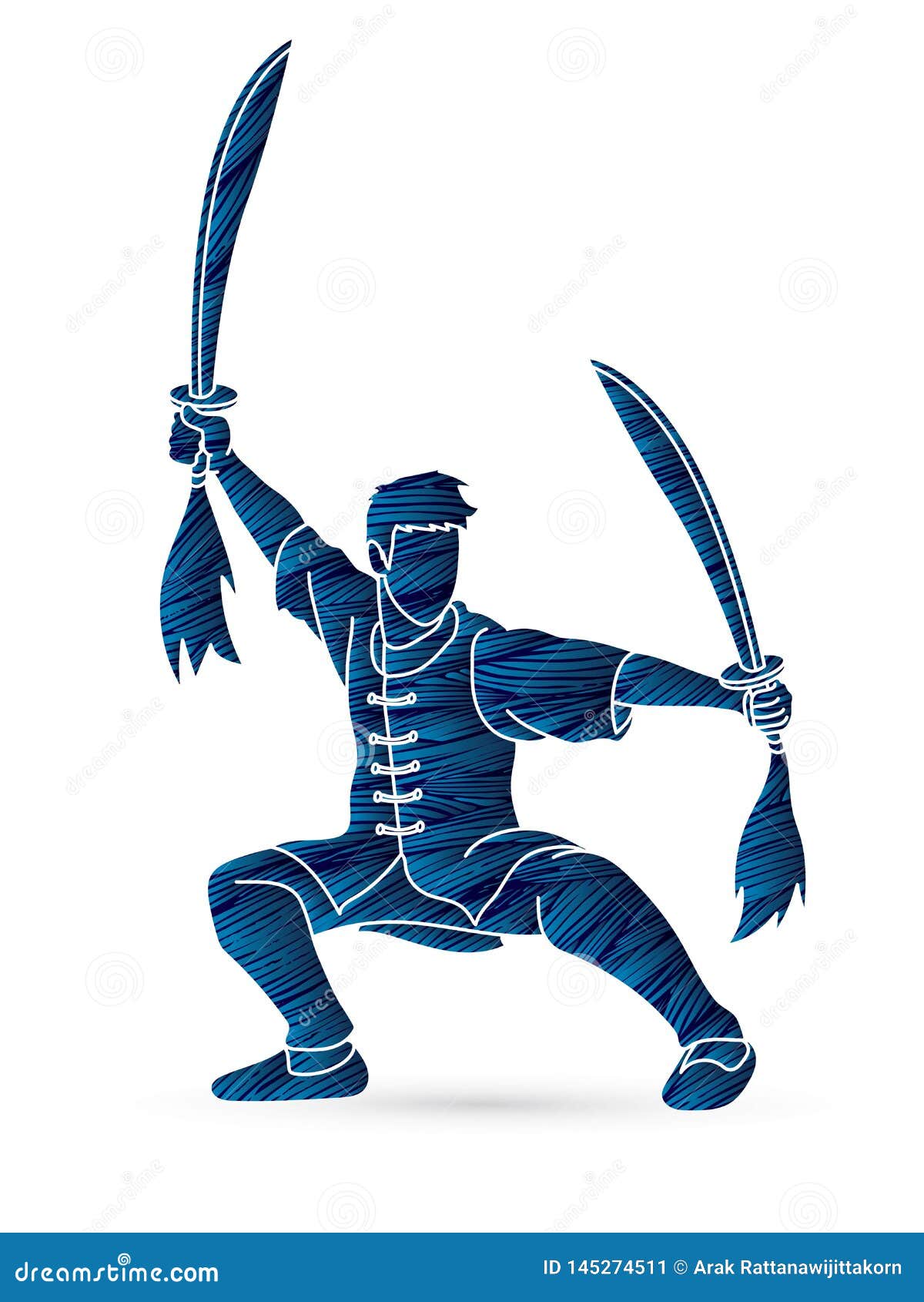 Kung Fu, Wushu with Swords Pose Cartoon Stock Vector - Illustration of ...