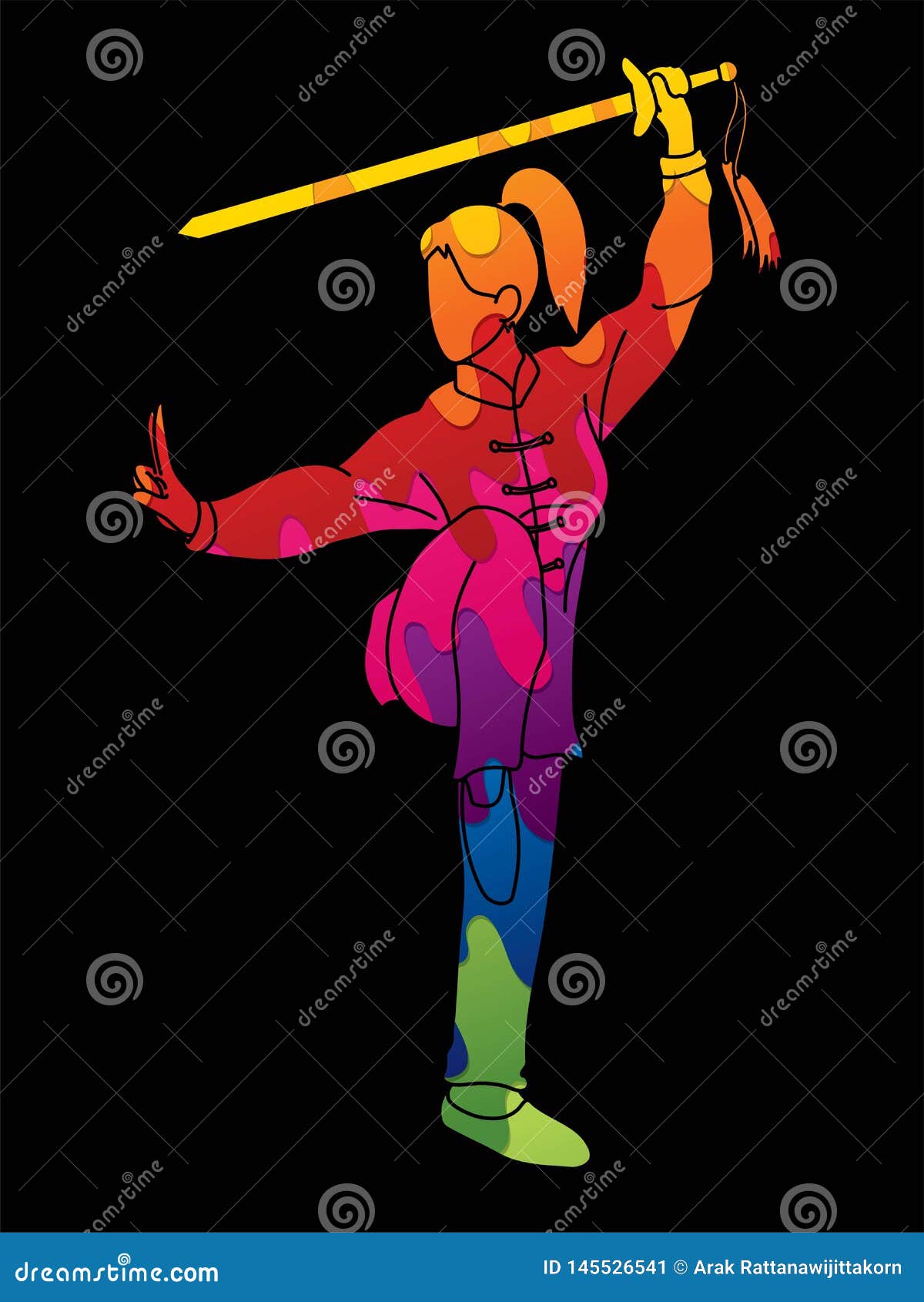 Woman With Sword Action, Kung Fu Pose Graphic Cartoon Vector ...