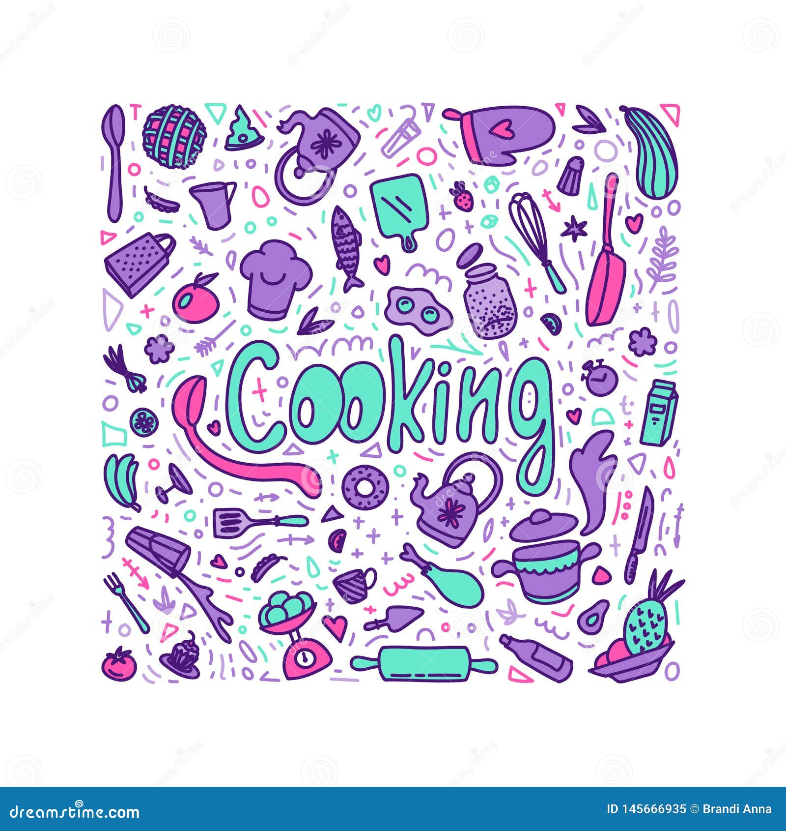 Cooking Doodle Square Illustration. Sketch Kitchenware. Ingredients ...