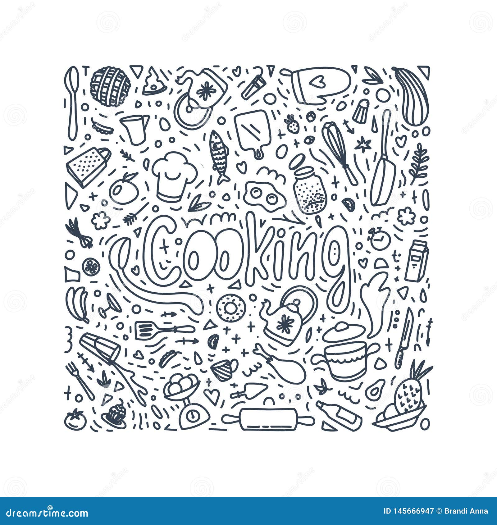 Cooking Doodle Square Illustration. Sketch Kitchenware. Ingredients ...
