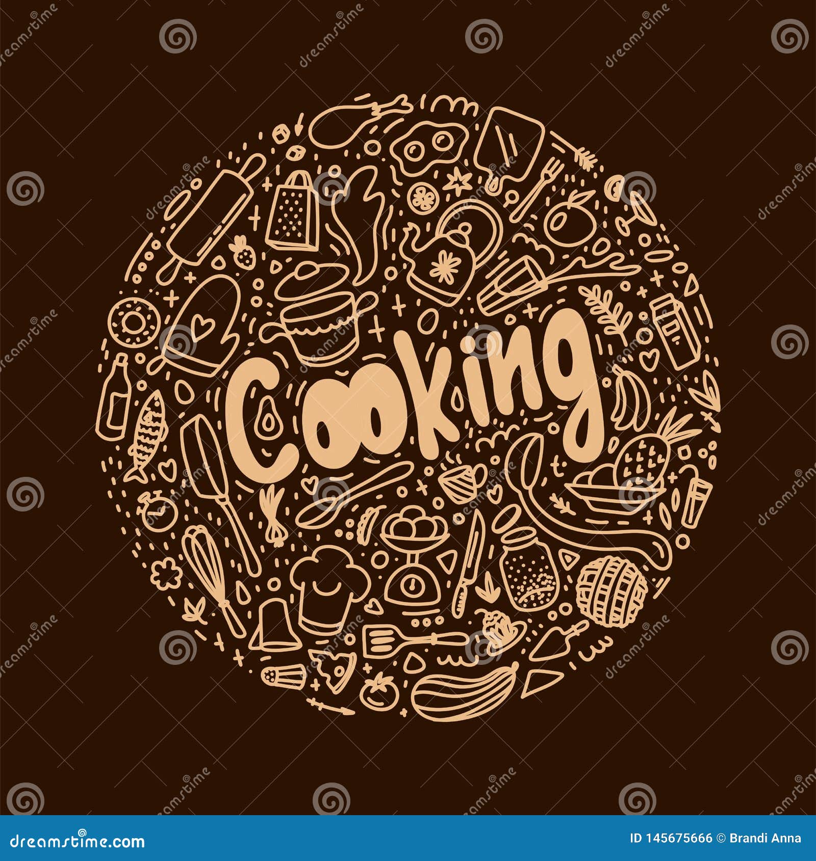 Cooking Doodle Round Illustration. Sketch Kitchenware. Ingredients ...