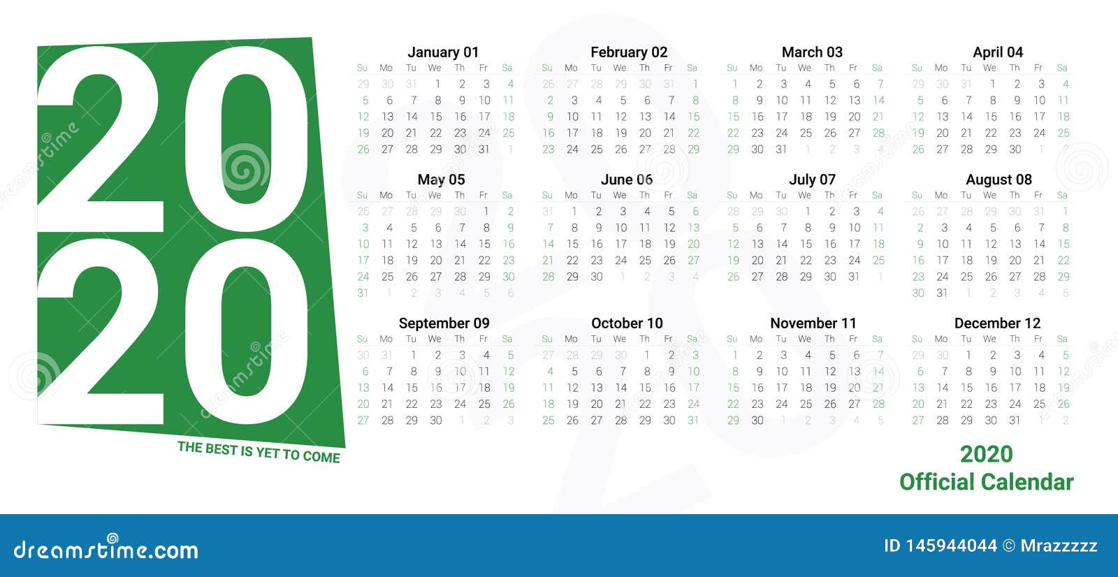 Official Vector Calendar Template of 2020 in Green Colors and Marked ...