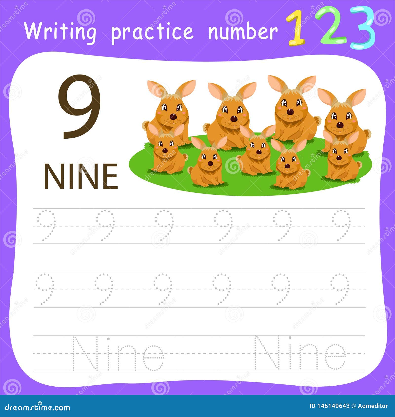 Worksheet Writing Practice Number Nine Stock Vector - Illustration of ...