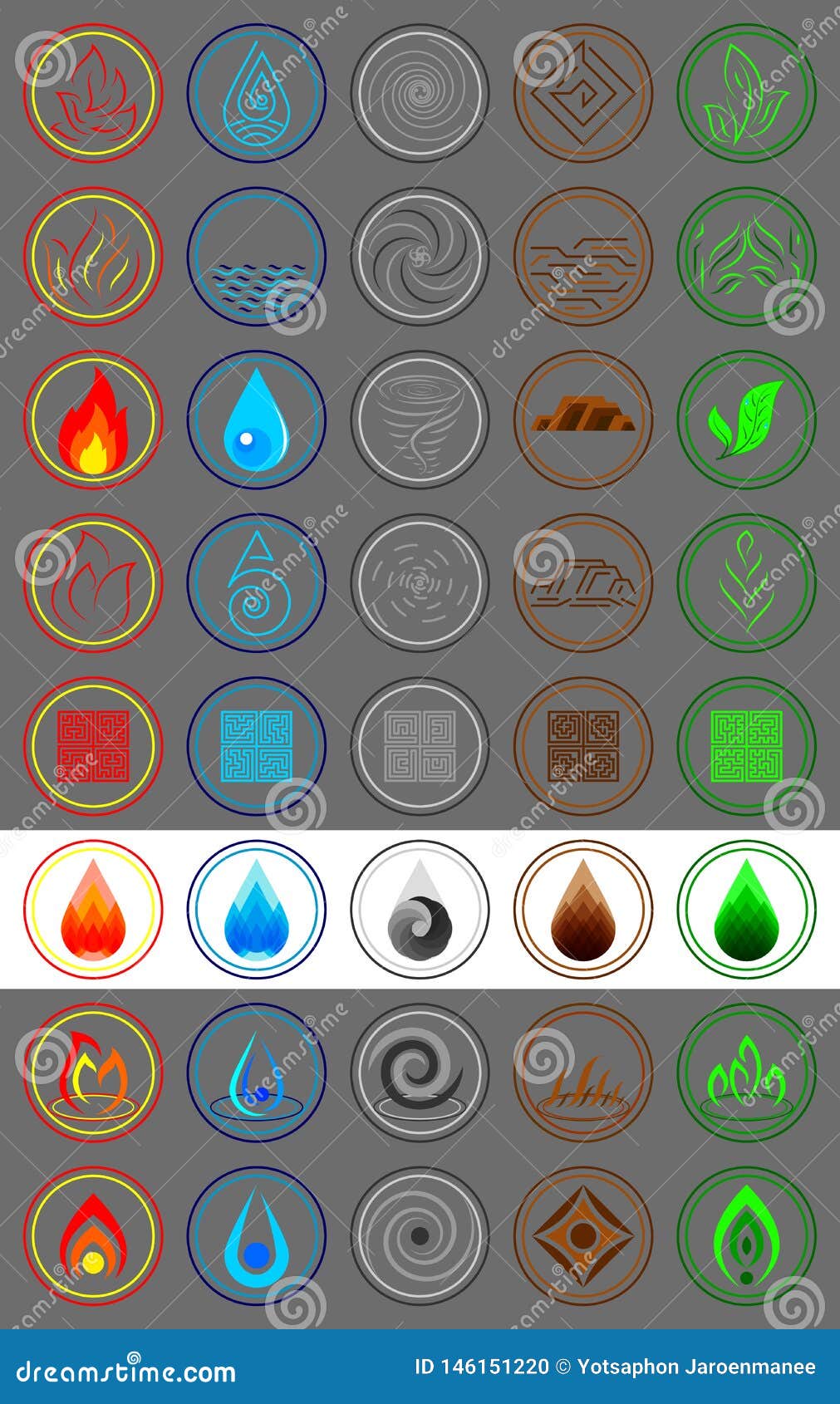 Set Of Four Elemental Of Nature And Life Symbols With Energy Running