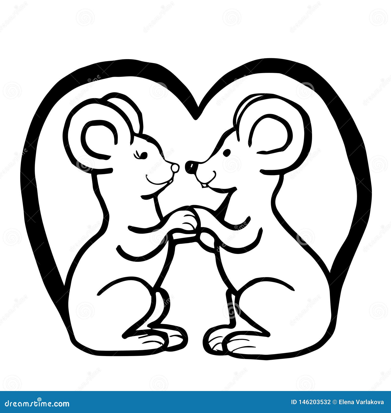 Black White Vector Illustration with Two Mouses with a Heart of Tails ...