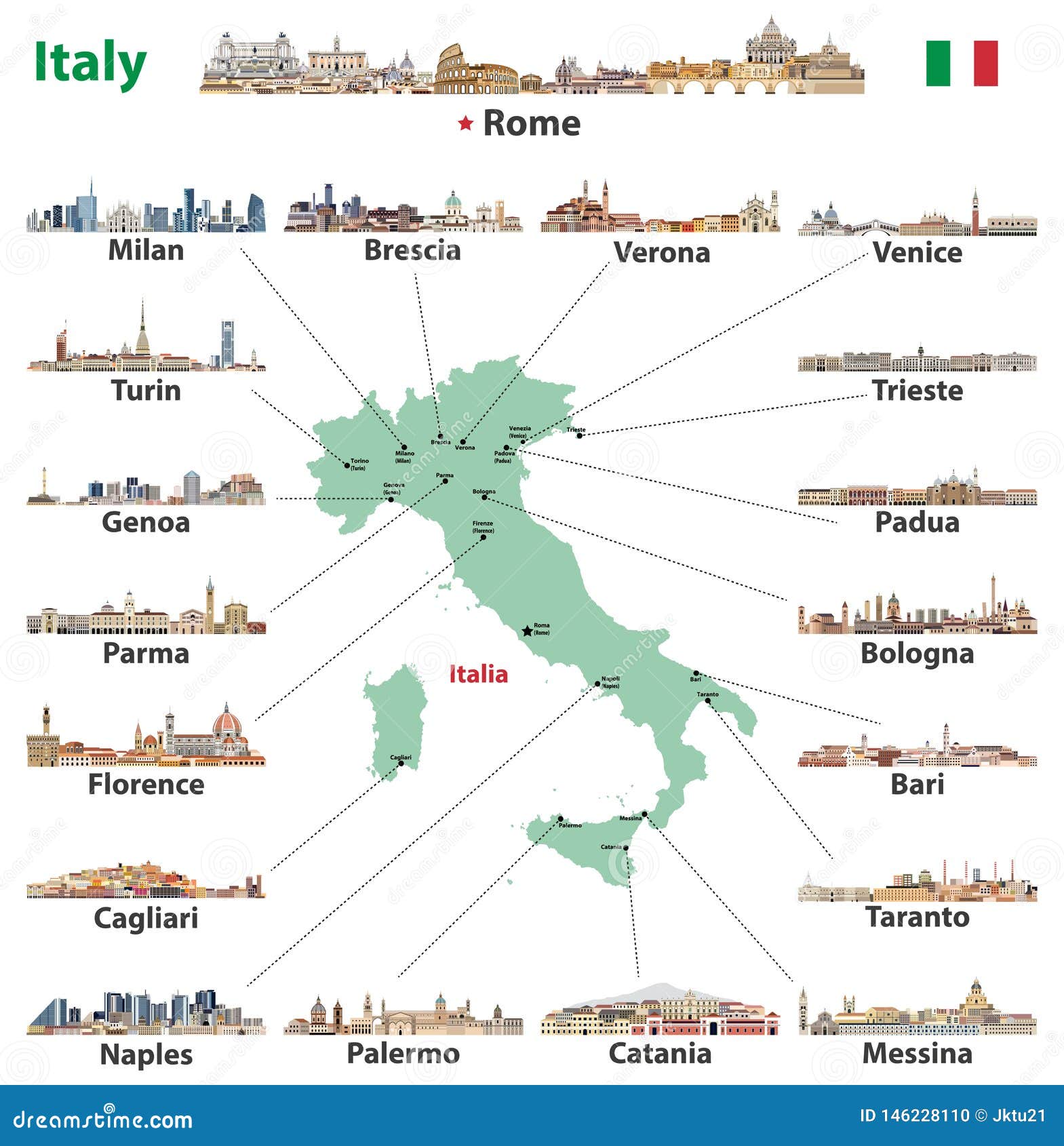 Italian Map with Main Cities Skylines. Vector Illustration Stock Vector ...
