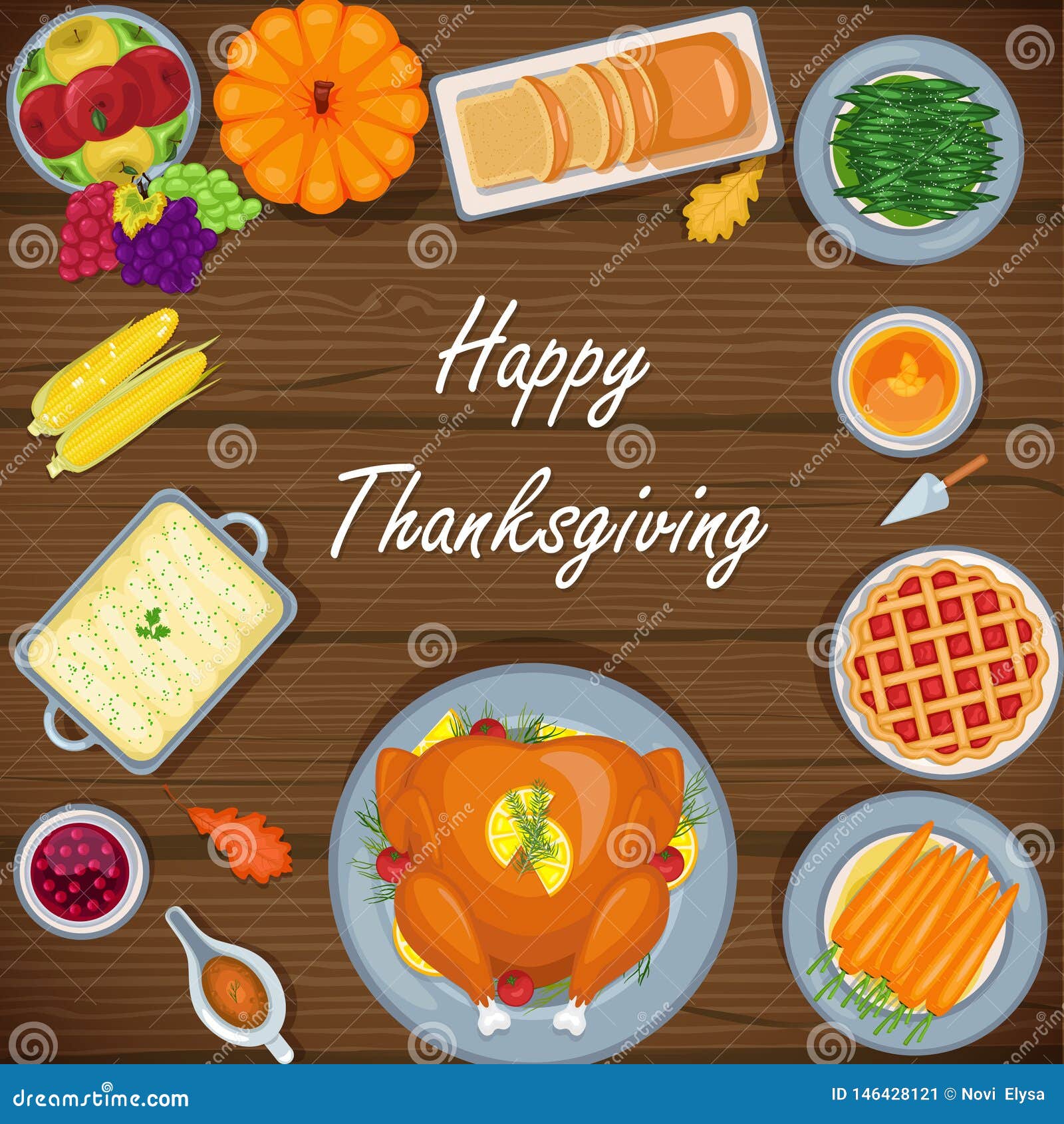 Thanksgiving Greeting Card with Menu Foods Wood Background Stock Vector ...