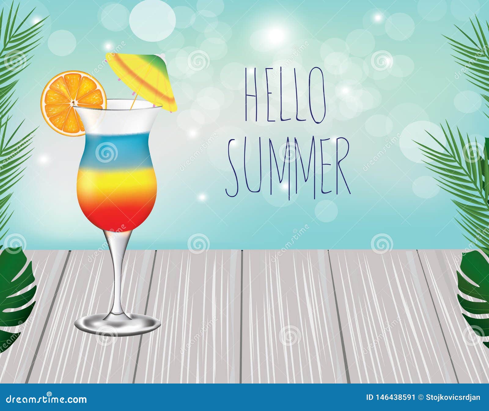 Text Hello Summer. Cocktail on Wooden Planks Stock Vector ...