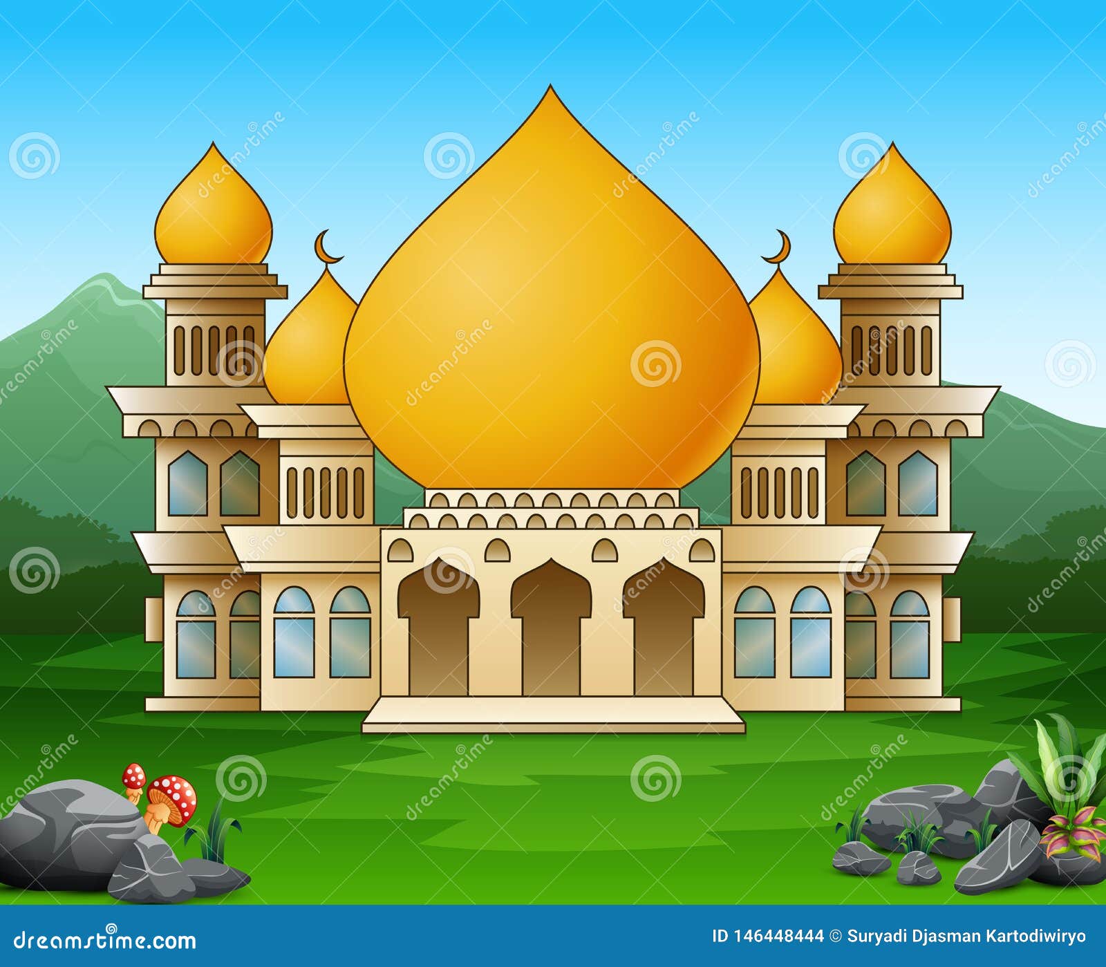 Islamic Mosque Building in the Green Field Stock Vector - Illustration ...