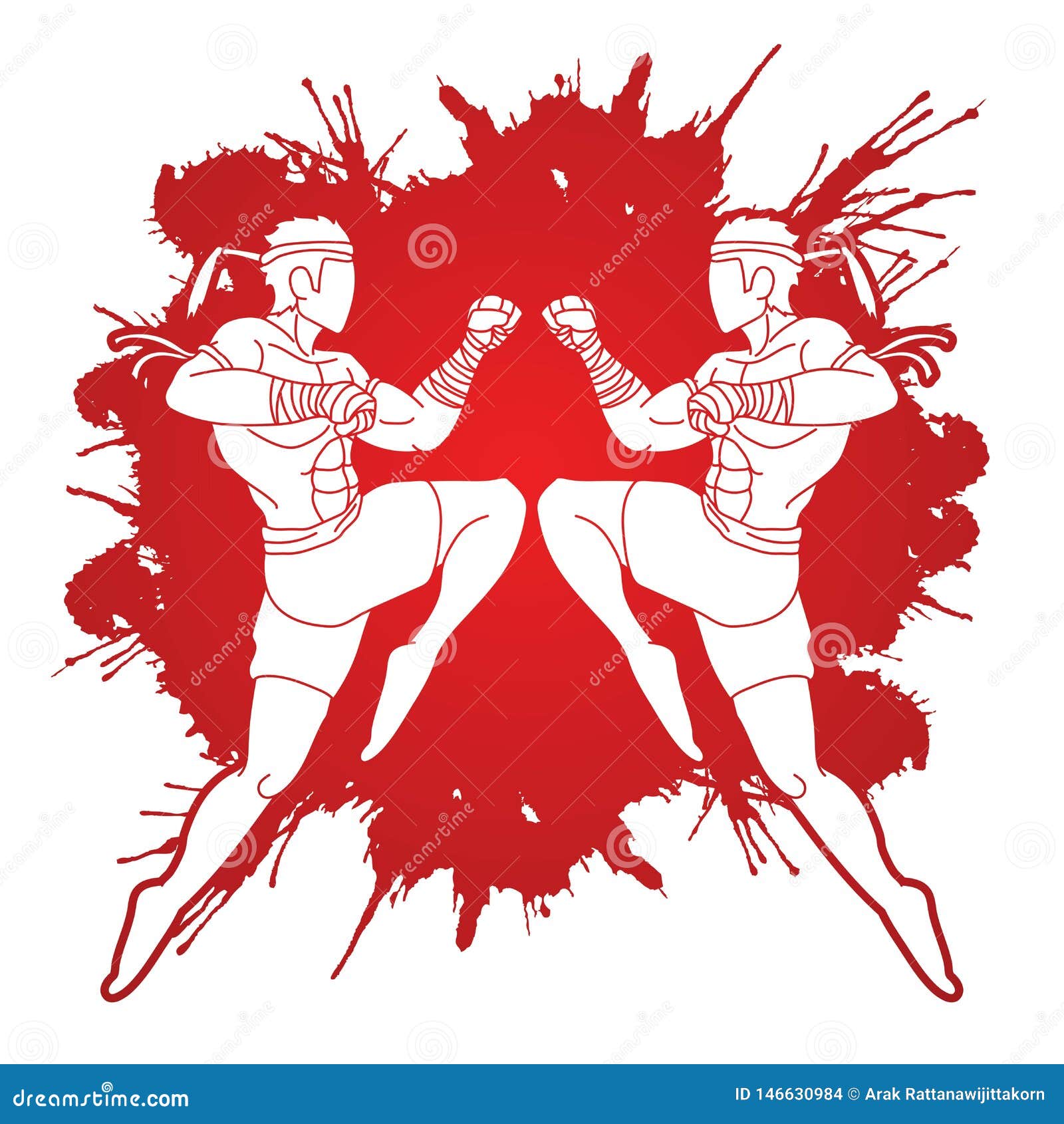 Muay Thai Action , Thai Boxing Jumping To Attack Cartoon Graphic Stock ...
