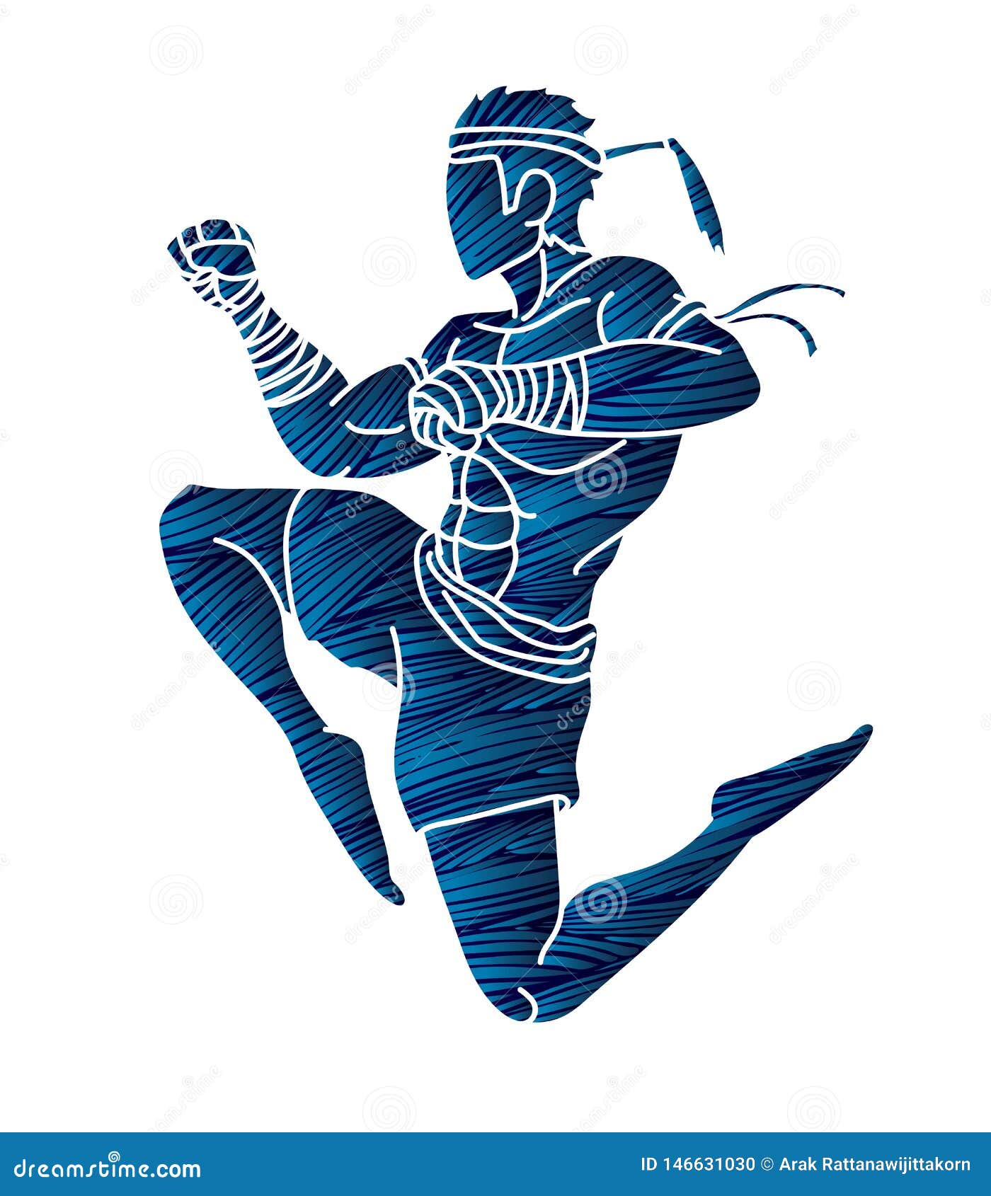 Muay Thai Action , Thai Boxing Jumping To Attack Cartoon Graphic Stock ...
