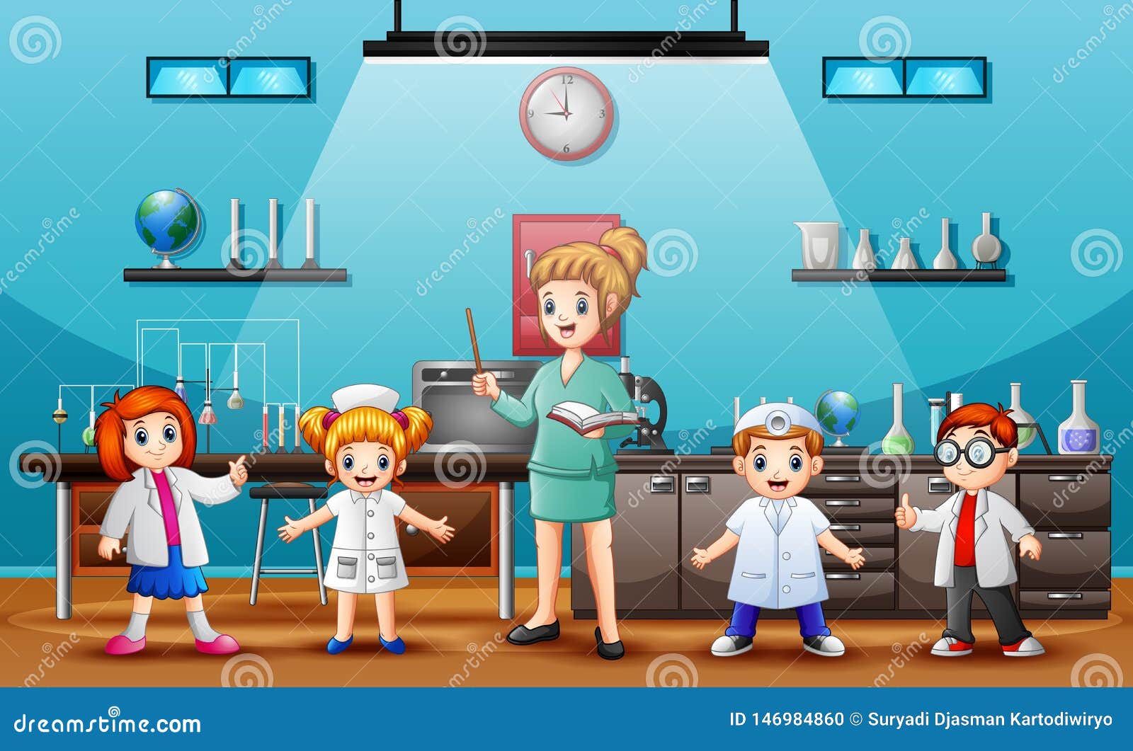 Scientist Standing with Chalkboard Teaching Student in Laboratory ...