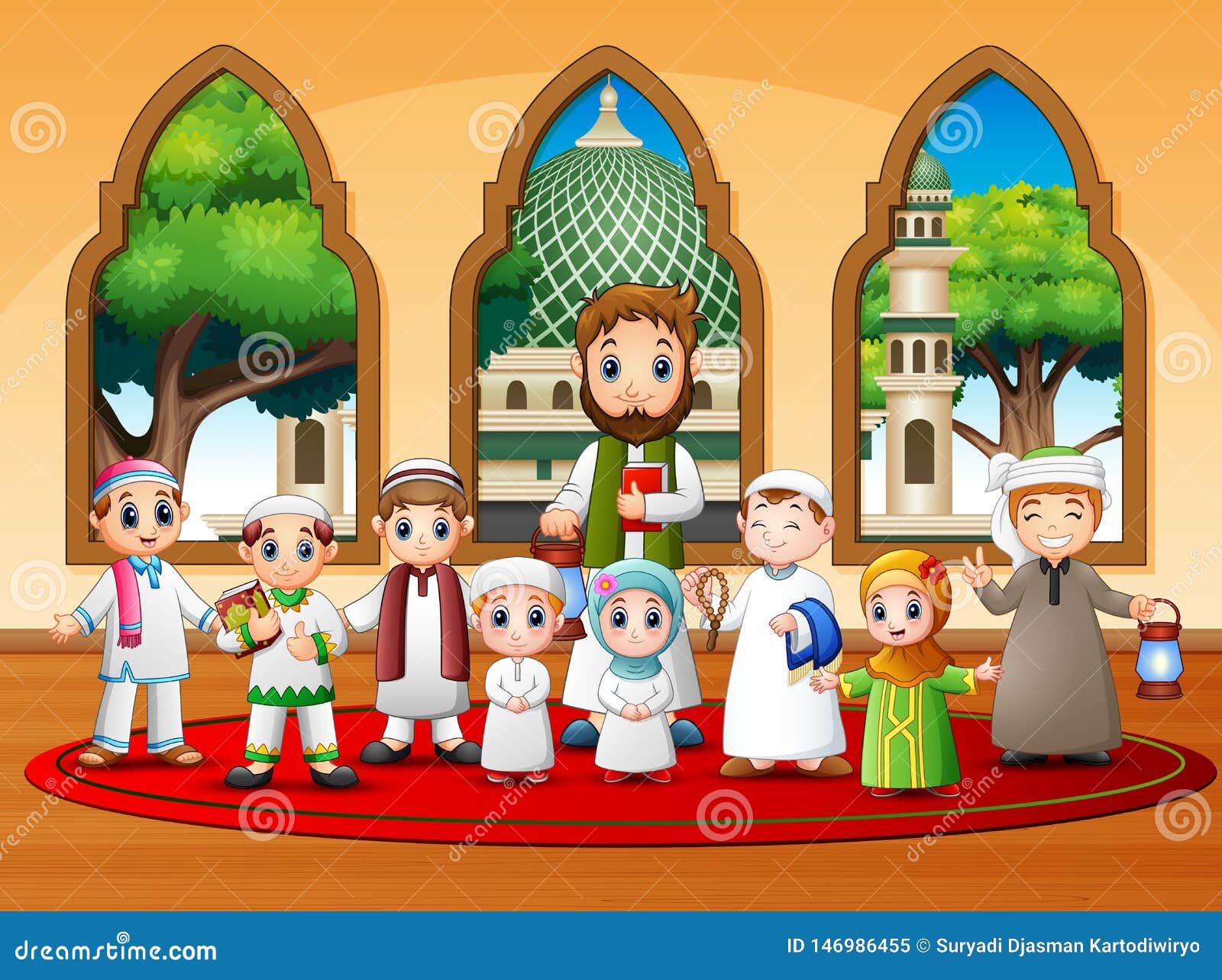 The Children and Their Teacher are Standing at the Mosque Stock Vector ...