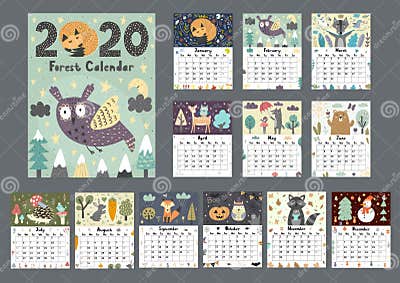 Forest Calendar for 2020 Year. Printable Planner of 12 Months with Cute ...
