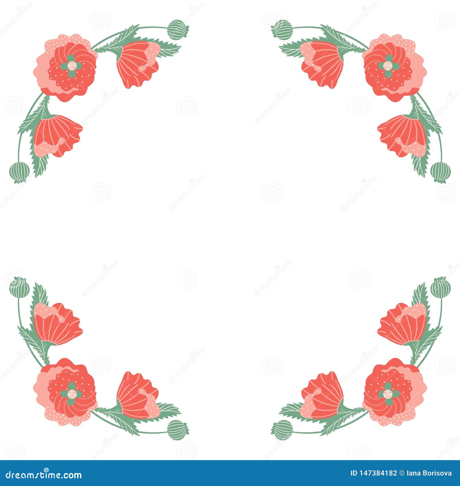 Rectangular Frame of Poppies and Buds of Poppies with Stems on a White ...
