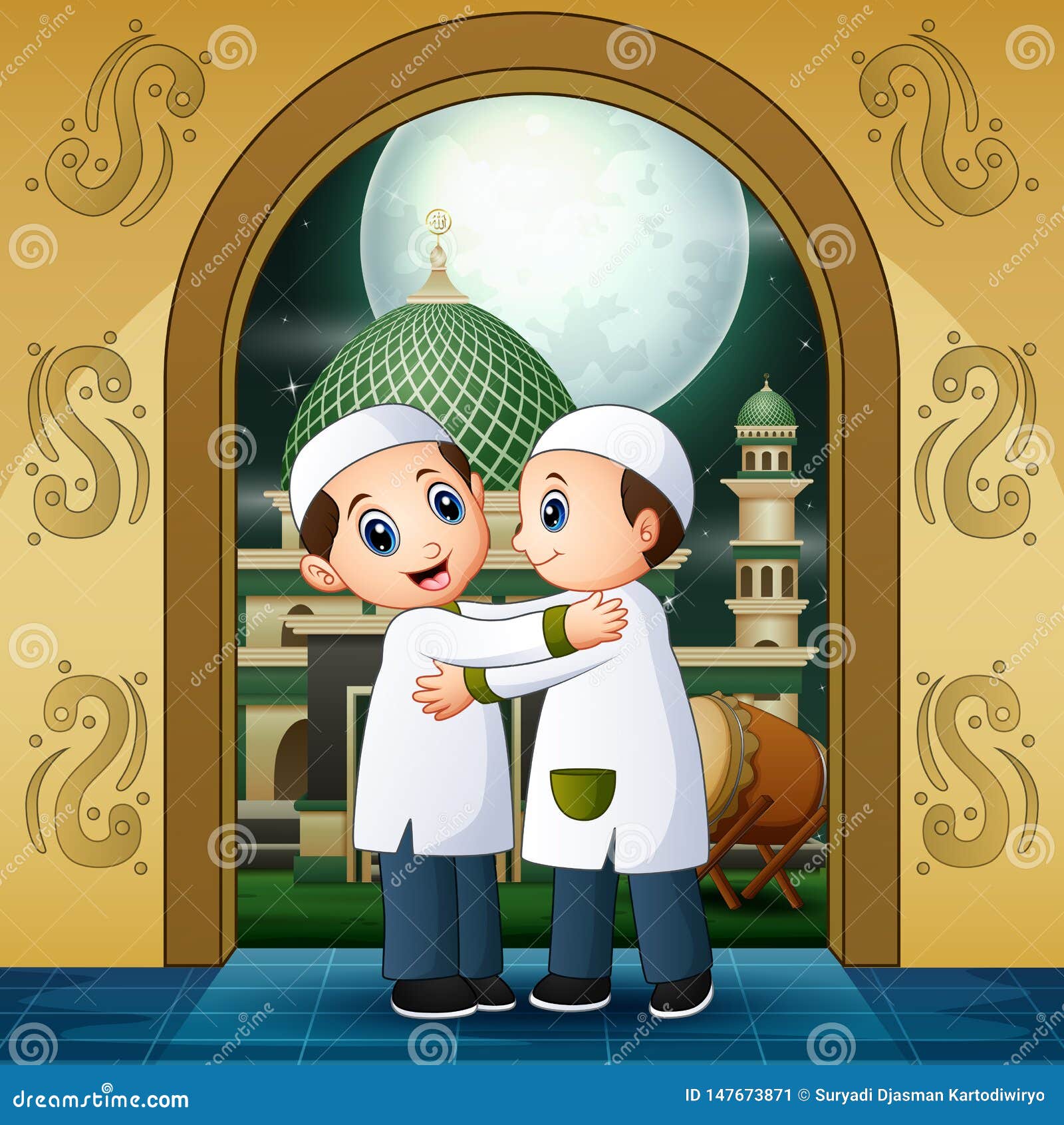 Muslim Kids Embrace and Wishing at the Mosque Stock Vector ...