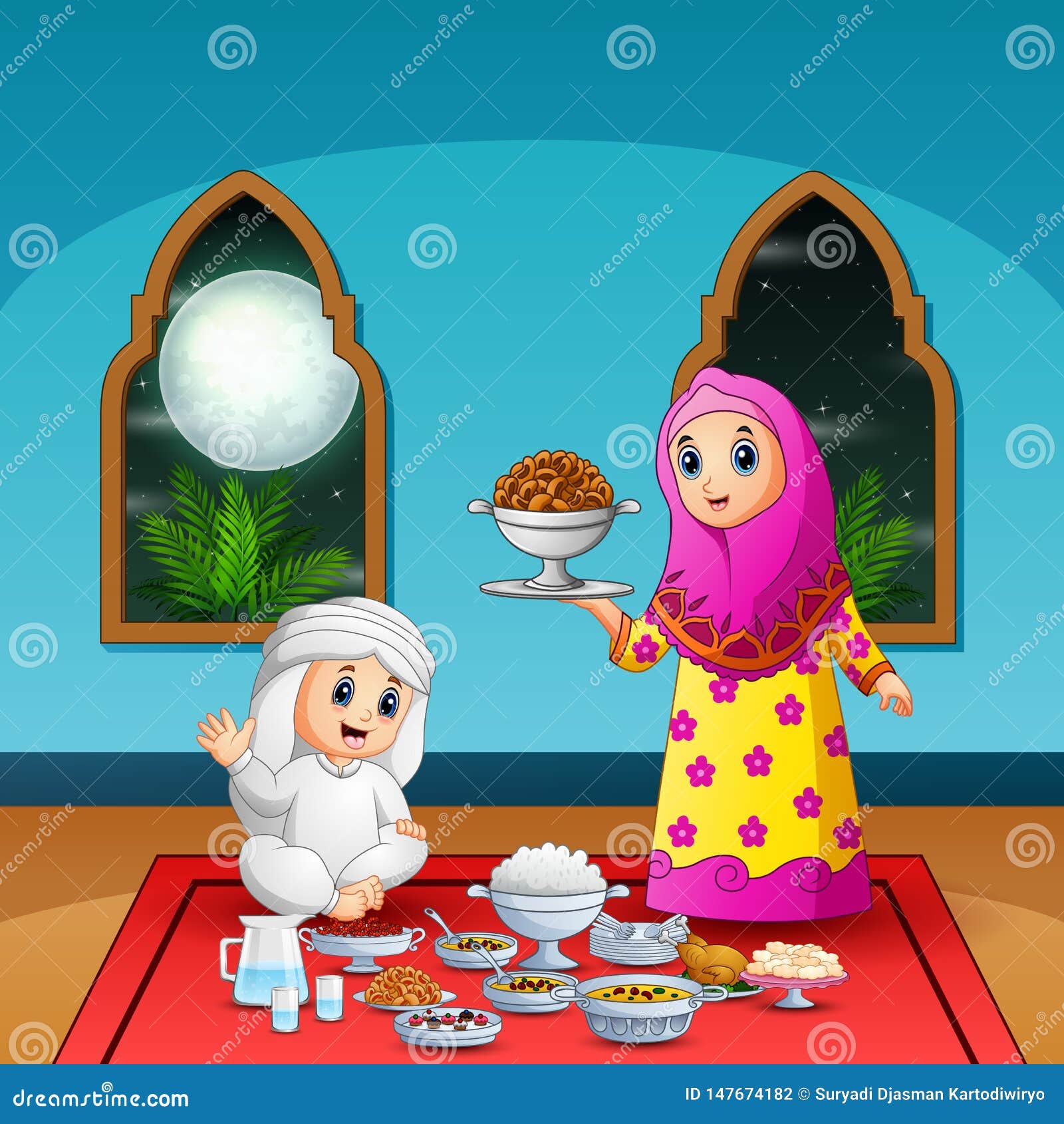 Woman Muslim Preparing Food for Iftar Party Stock Vector - Illustration ...