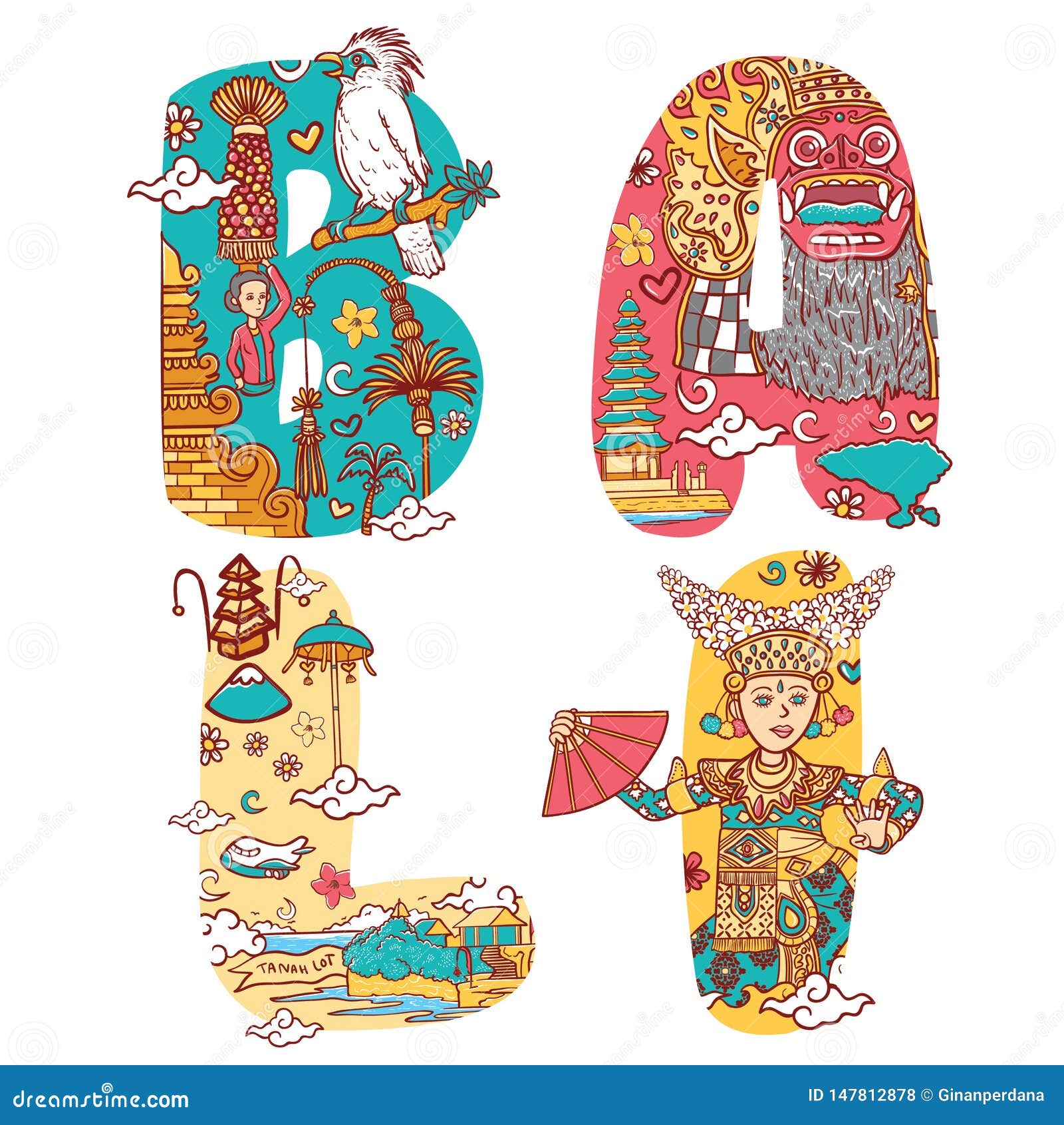 Culture of Bali Indonesia in Custom Font Lettering Illustration Stock ...