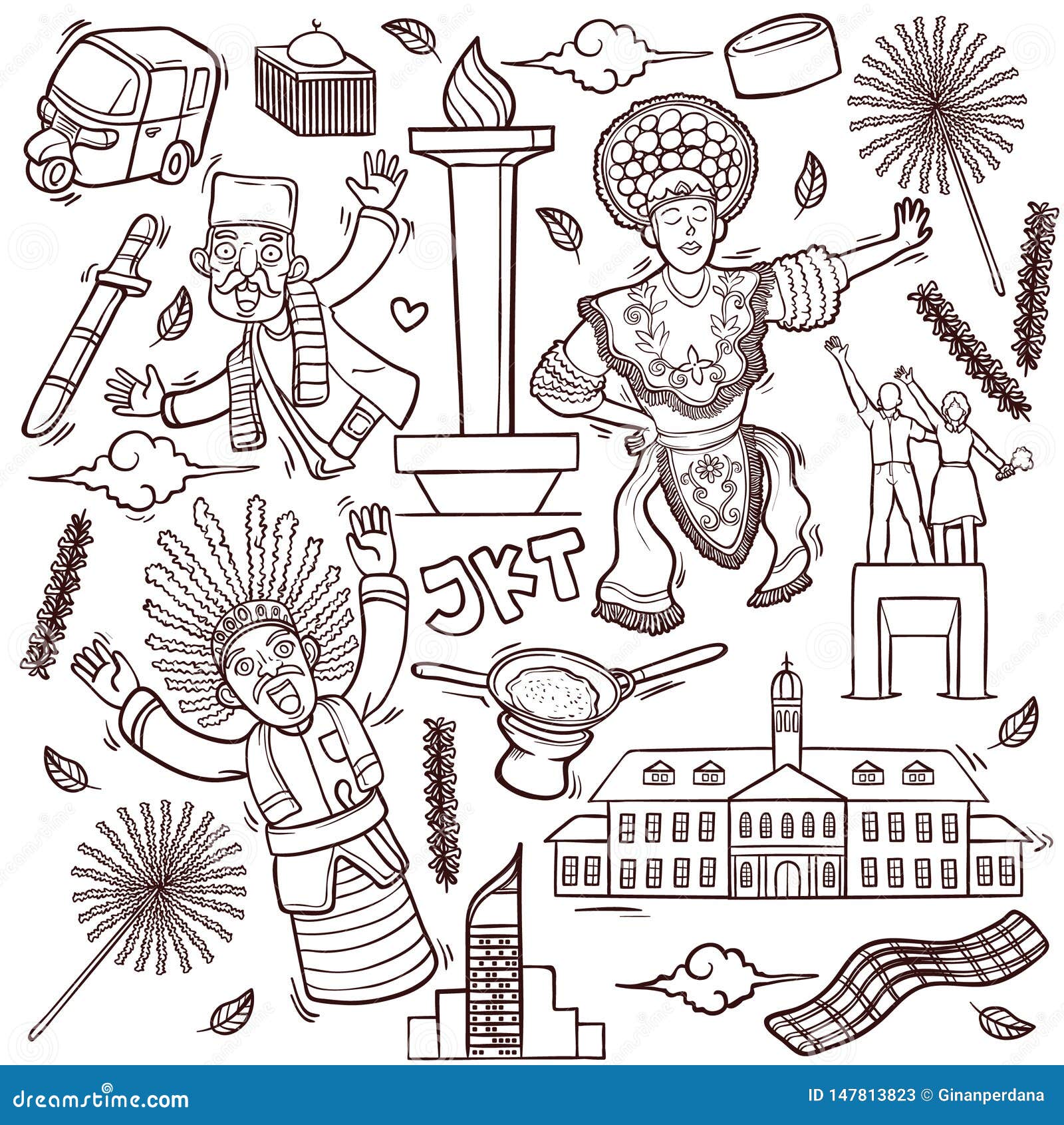 Outline Isolated Doodles Illustration Of Jakarta Indonesia On White ...