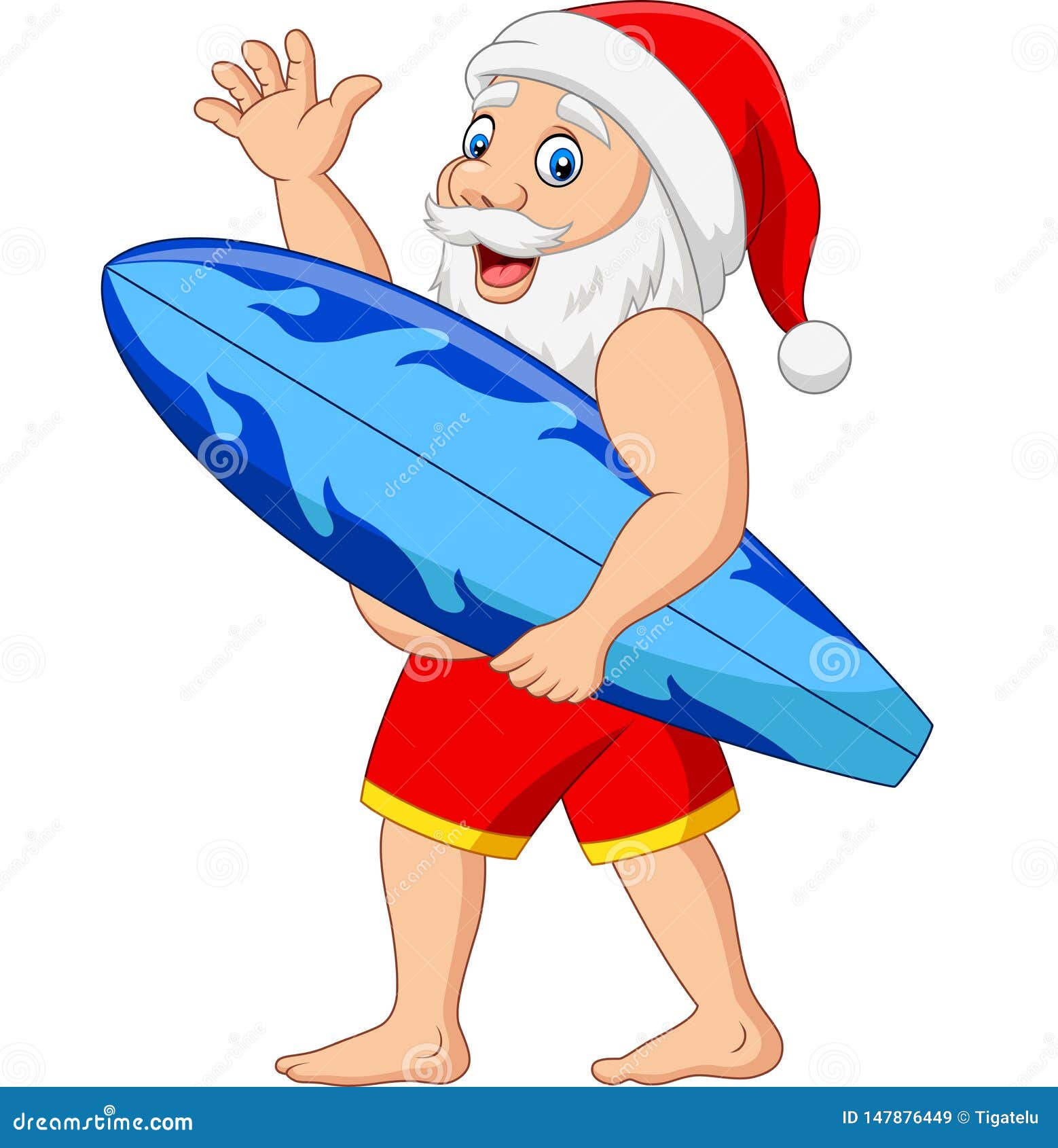 Cartoon Santa Claus Holding a Surfboard Waving Hand Stock Vector ...