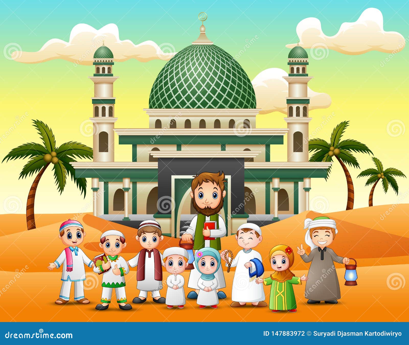 The Children and Their Teacher in Front a Mosque Stock Vector ...