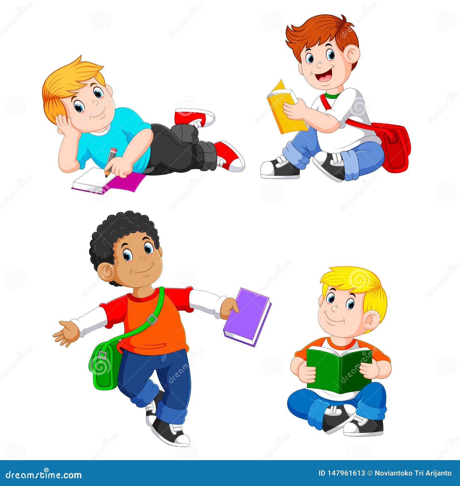 The Collection of Boy Study with Their Books with the Different Posing ...