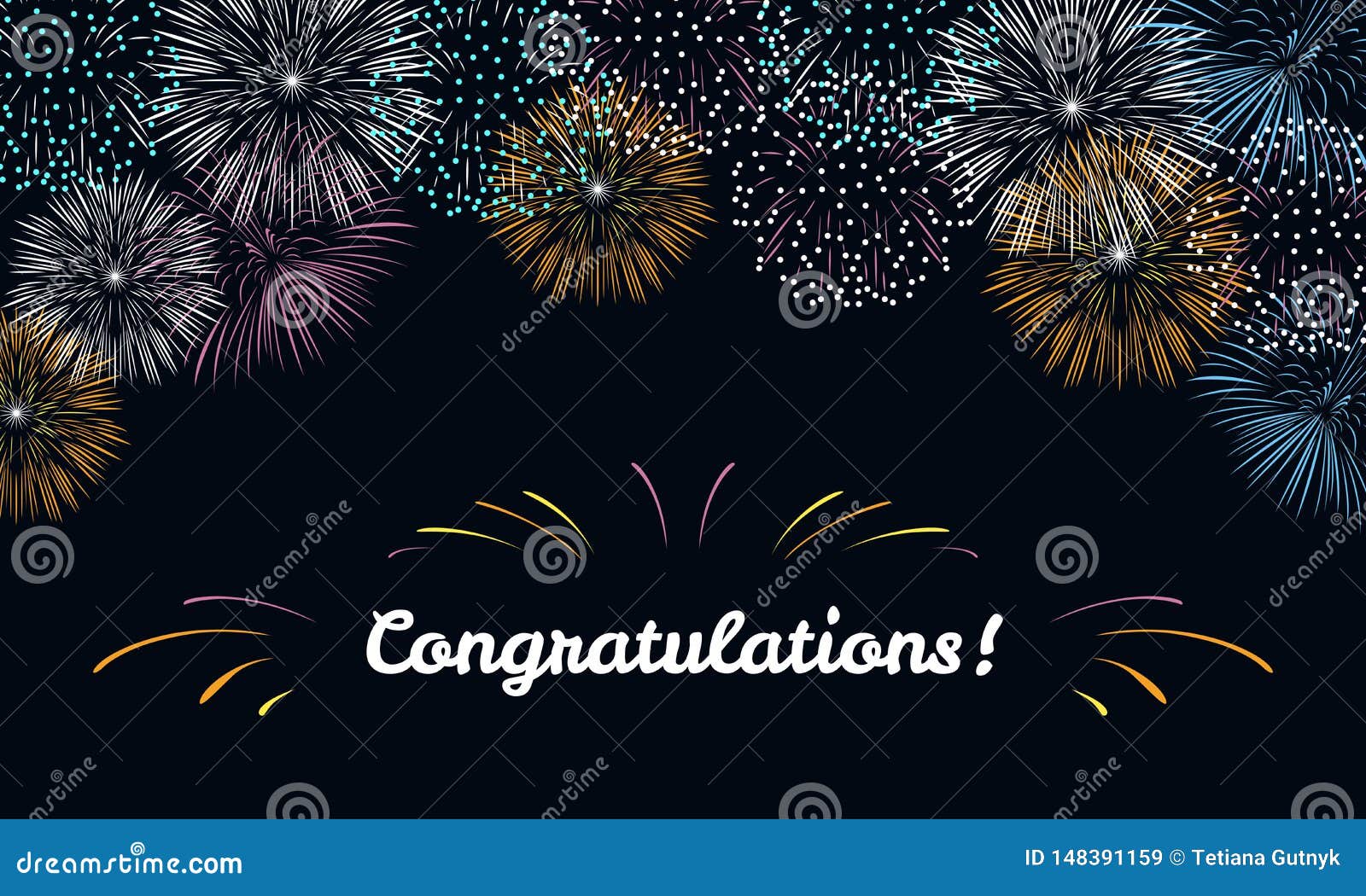 Greeting Card with Bright Festive Fireworks on a Dark Background. Stock ...