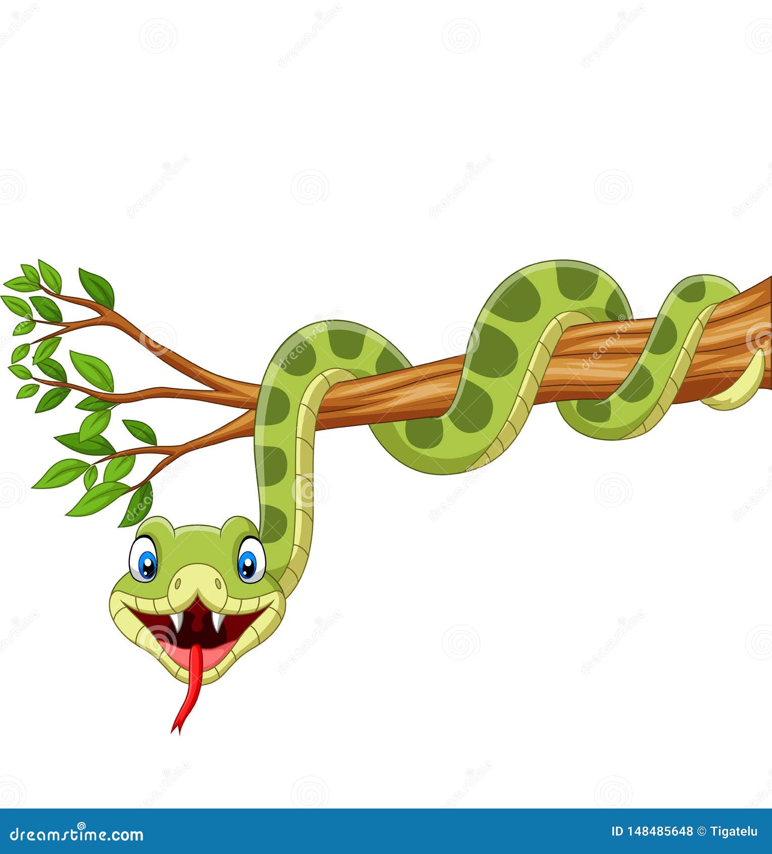 Cartoon Green Snake on Tree Branch Stock Vector - Illustration of ...