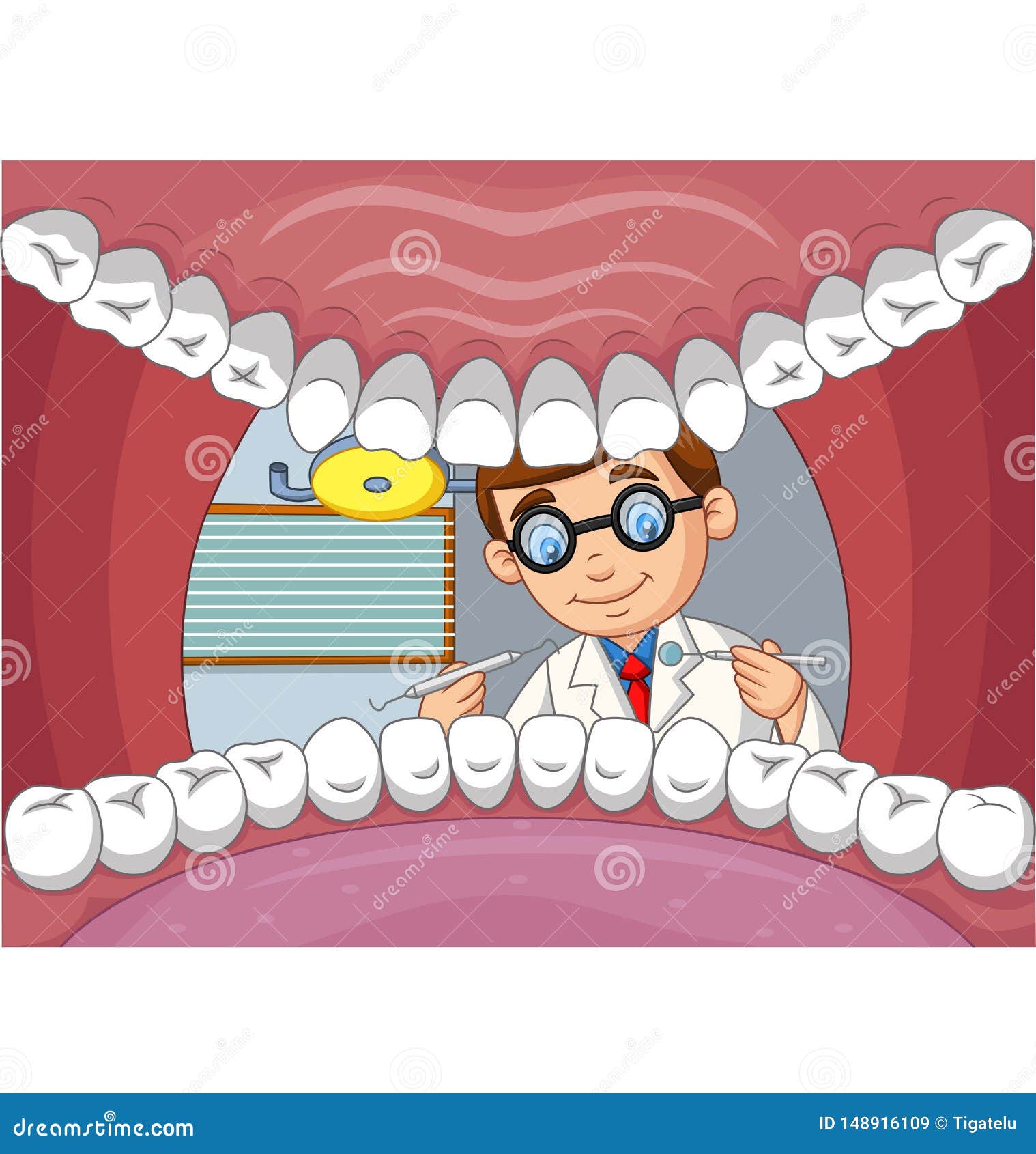 Cartoon Dentist Check Tooth into Open Mouth of Patient Stock Vector ...
