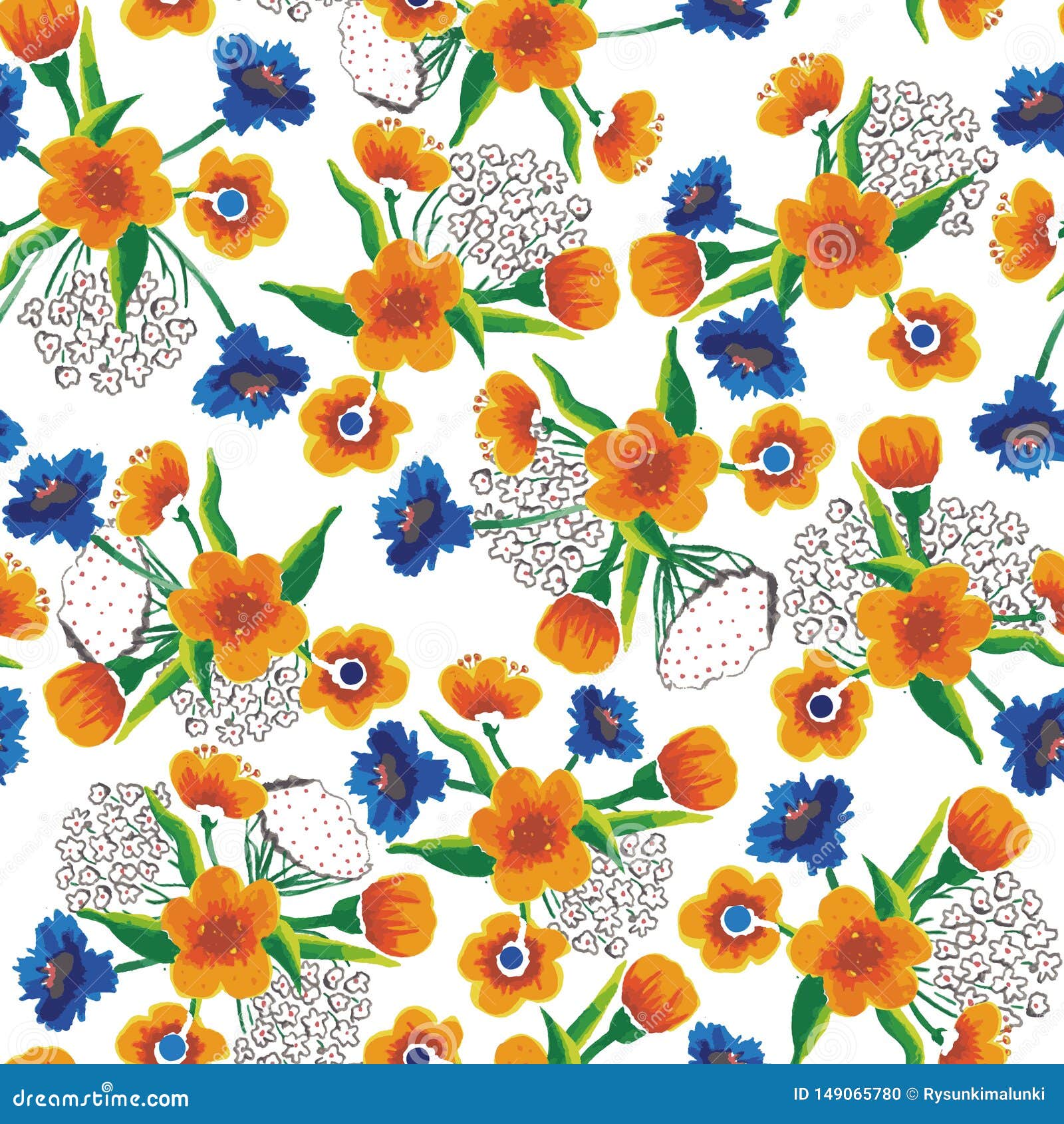 Seamless Vector Pattern with Colorful Hand Drawn Flower Groups Stock ...