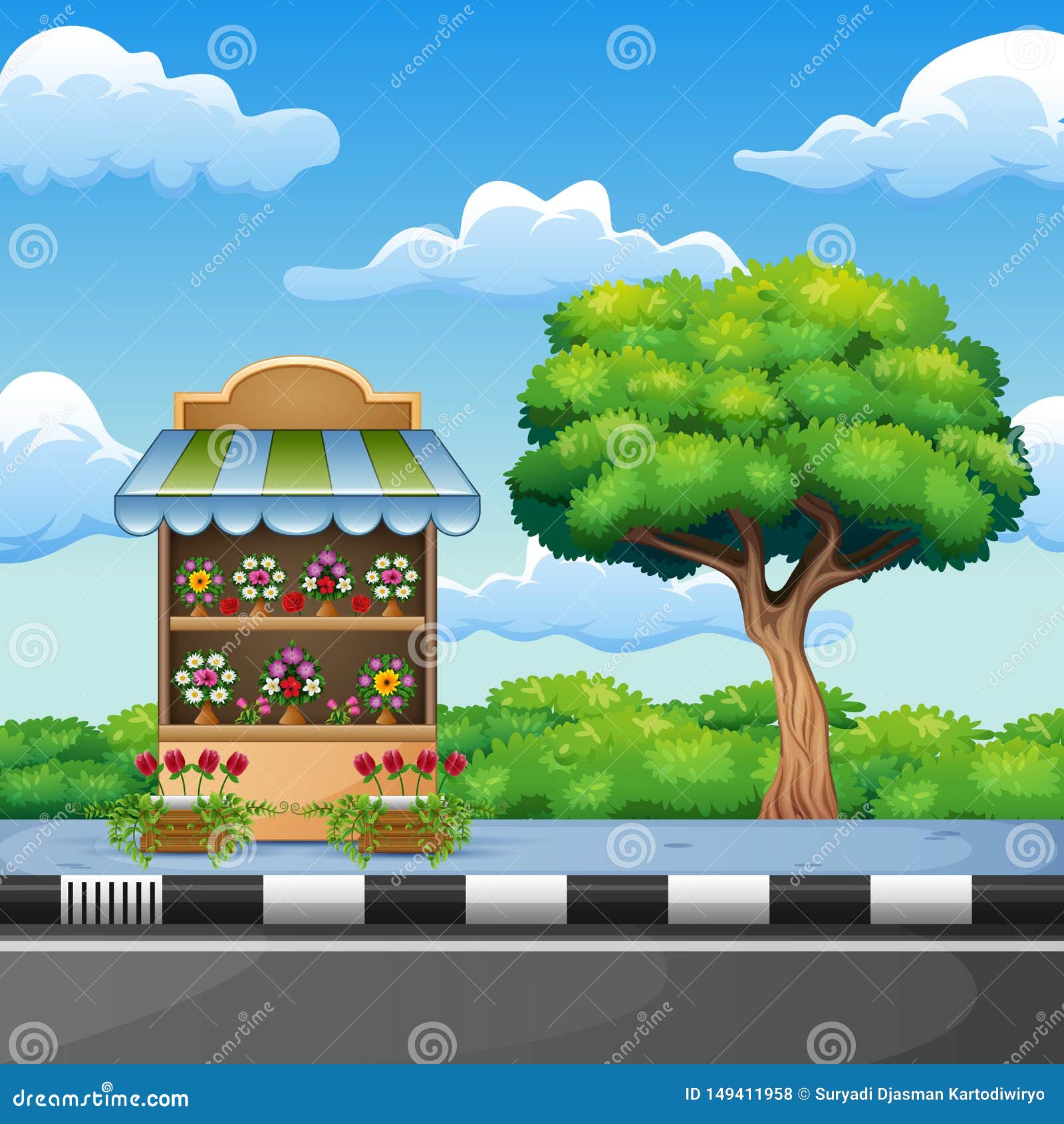 Cartoon of Flower Shop on the Roadside Stock Vector - Illustration of ...