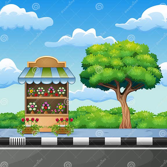 Cartoon of Flower Shop on the Roadside Stock Vector - Illustration of ...