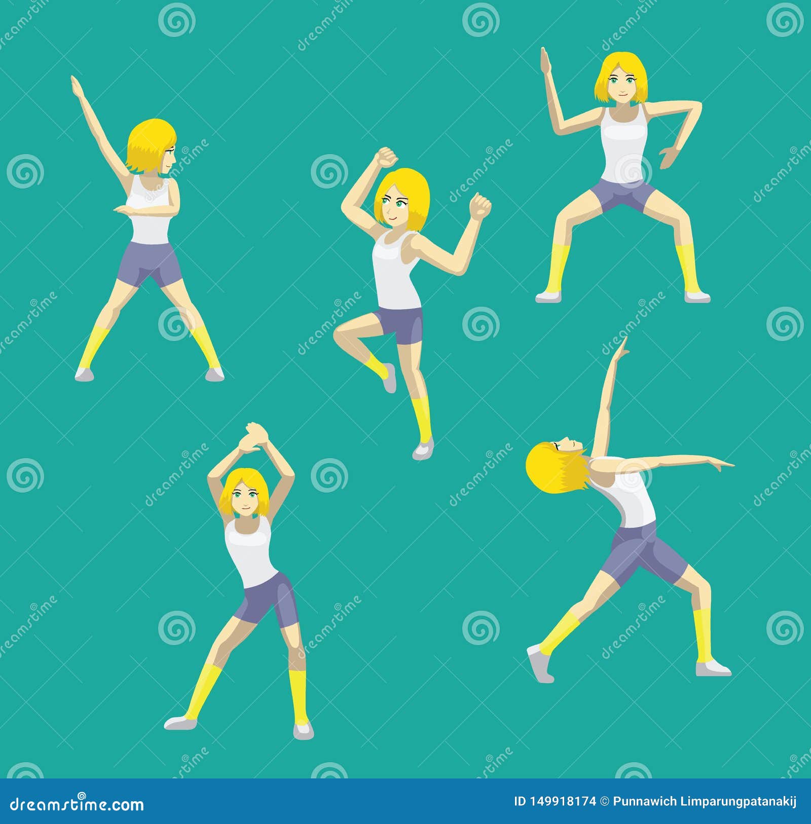 Manga Style Yellow Bob Hair Woman Cartoon Zumba Dance Poses Set Vector ...