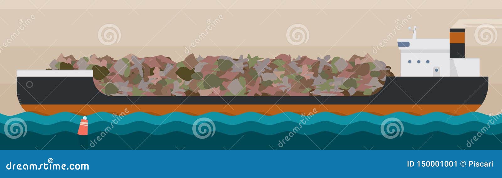 Garbage Barge, With View Of Ocean, And Plastic Bottles Floating On The ...