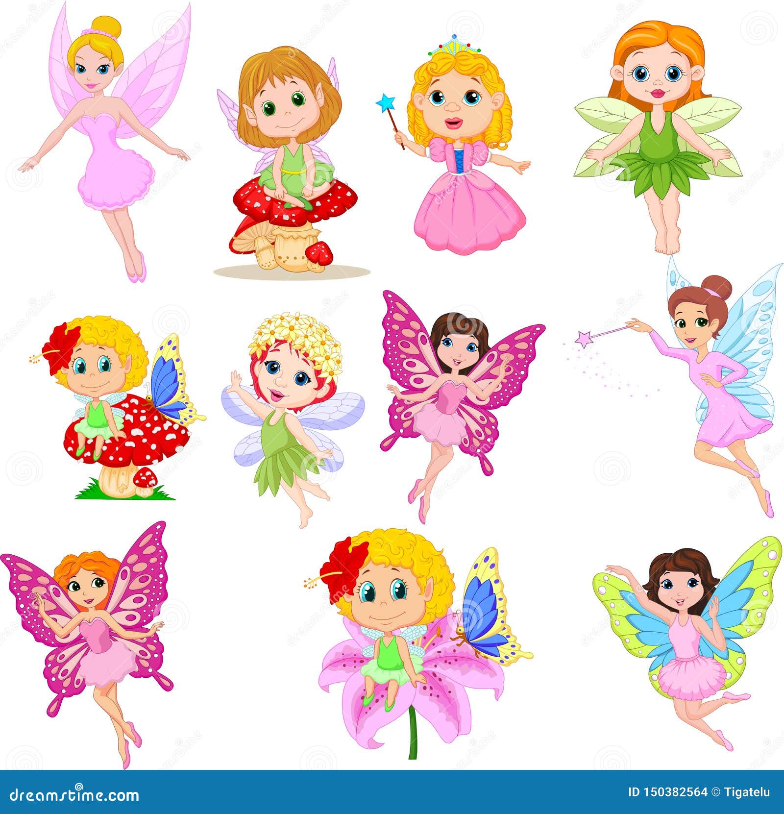 Set of Cute Beautiful Fairies Cartoon Isolated on a White Background ...