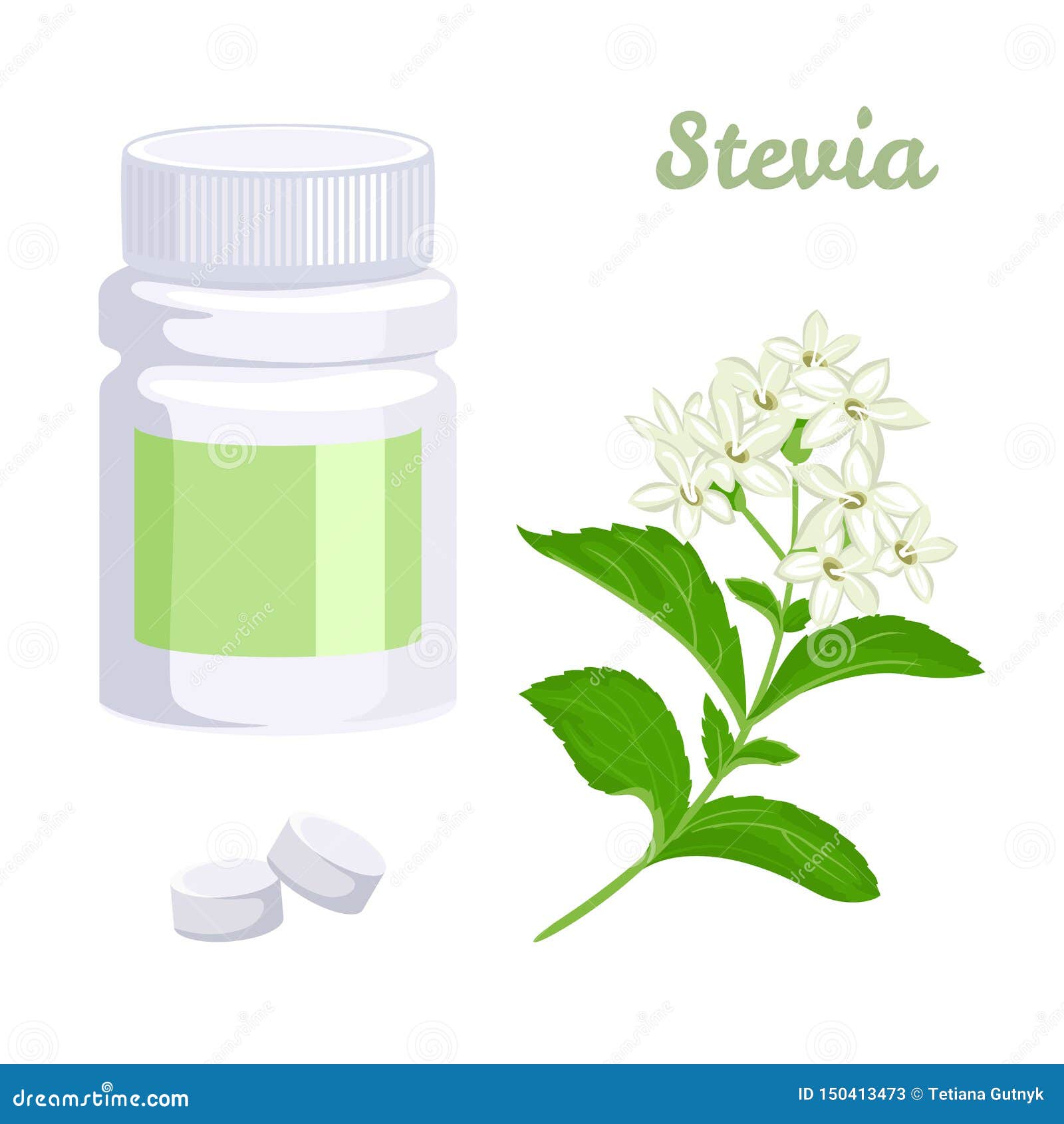 Natural Sweetener Stevia. Bottle with Pills, Tablets and Plant Stock ...
