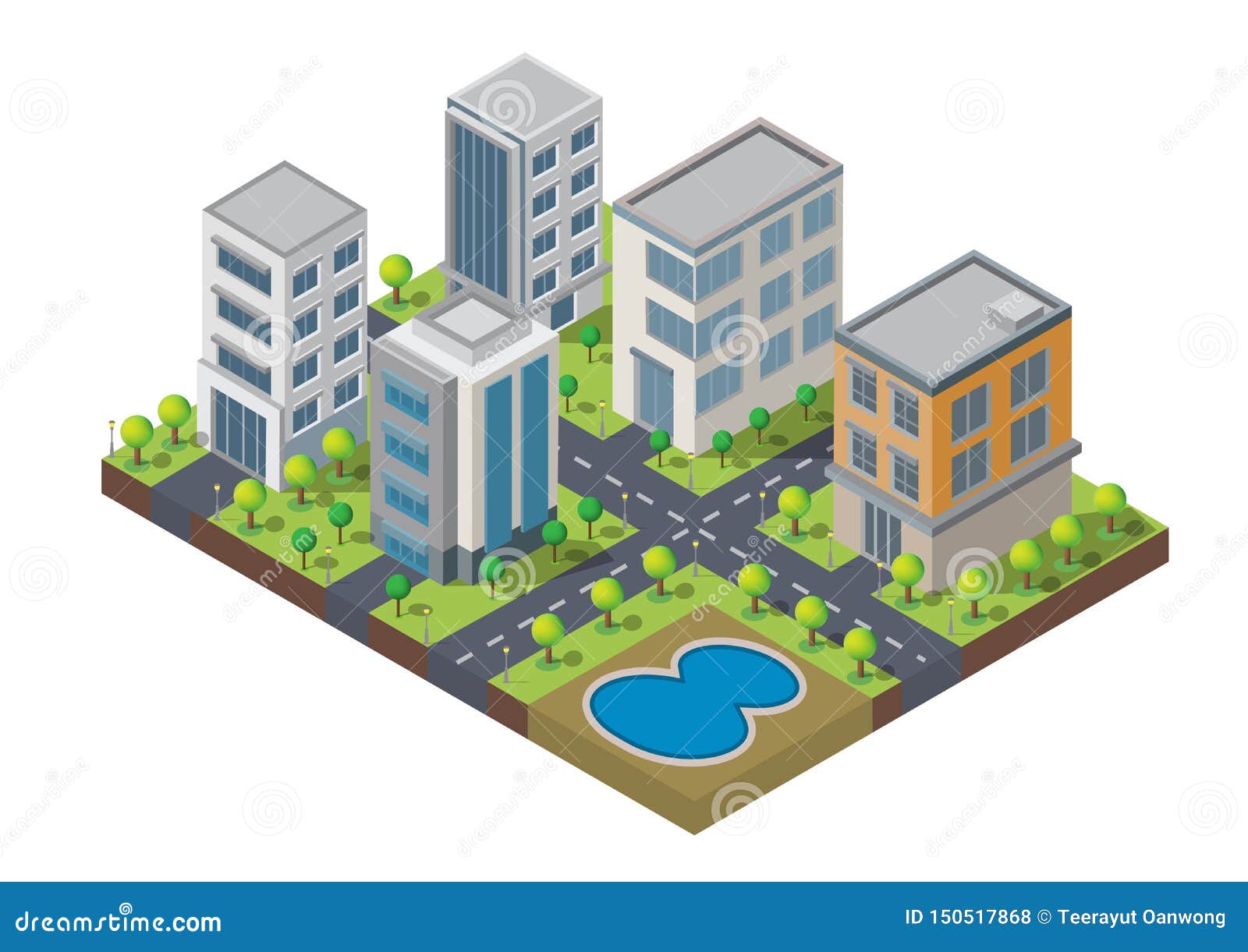 Isometric Building Vector. Three Building on Yard with Road and Trees ...