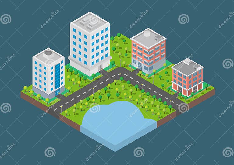 Isometric Building Vector. Three Building on Yard with Road and Trees ...
