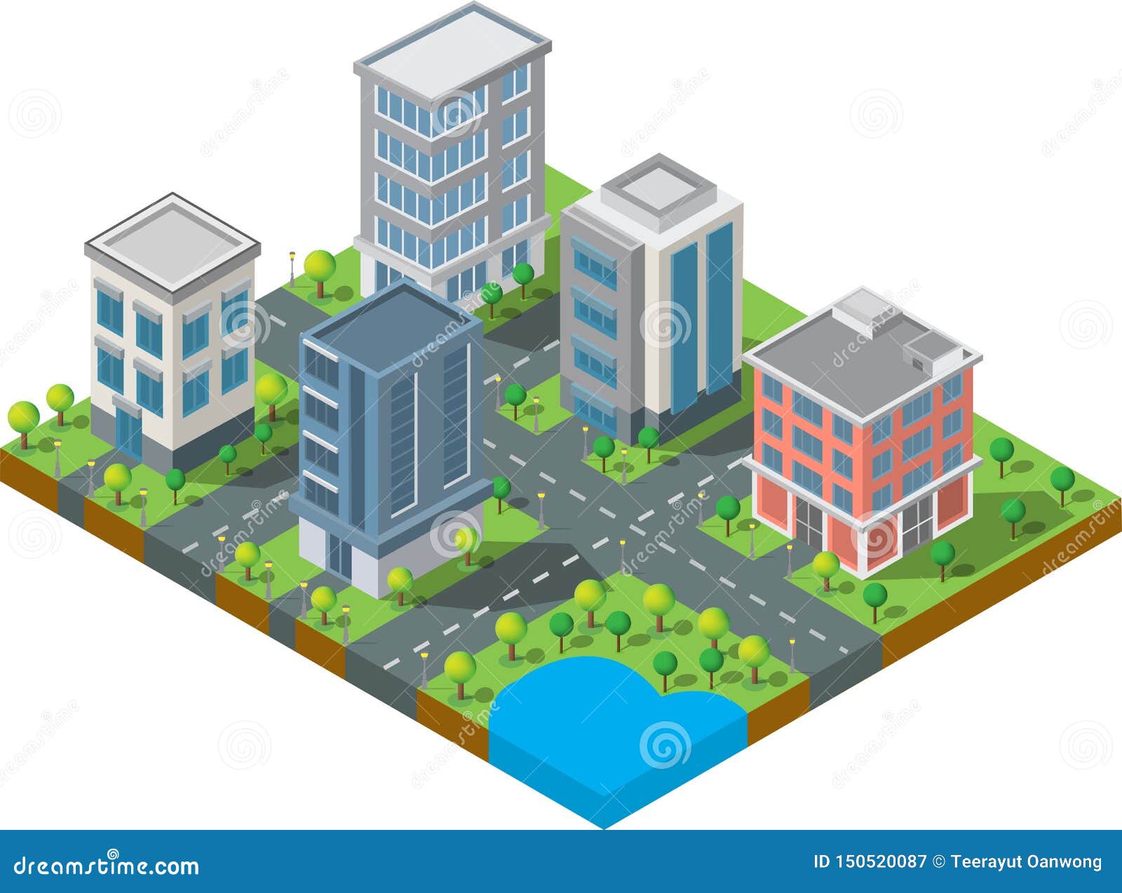 Isometric Building Vector. Three Building on Yard with Road and Trees ...