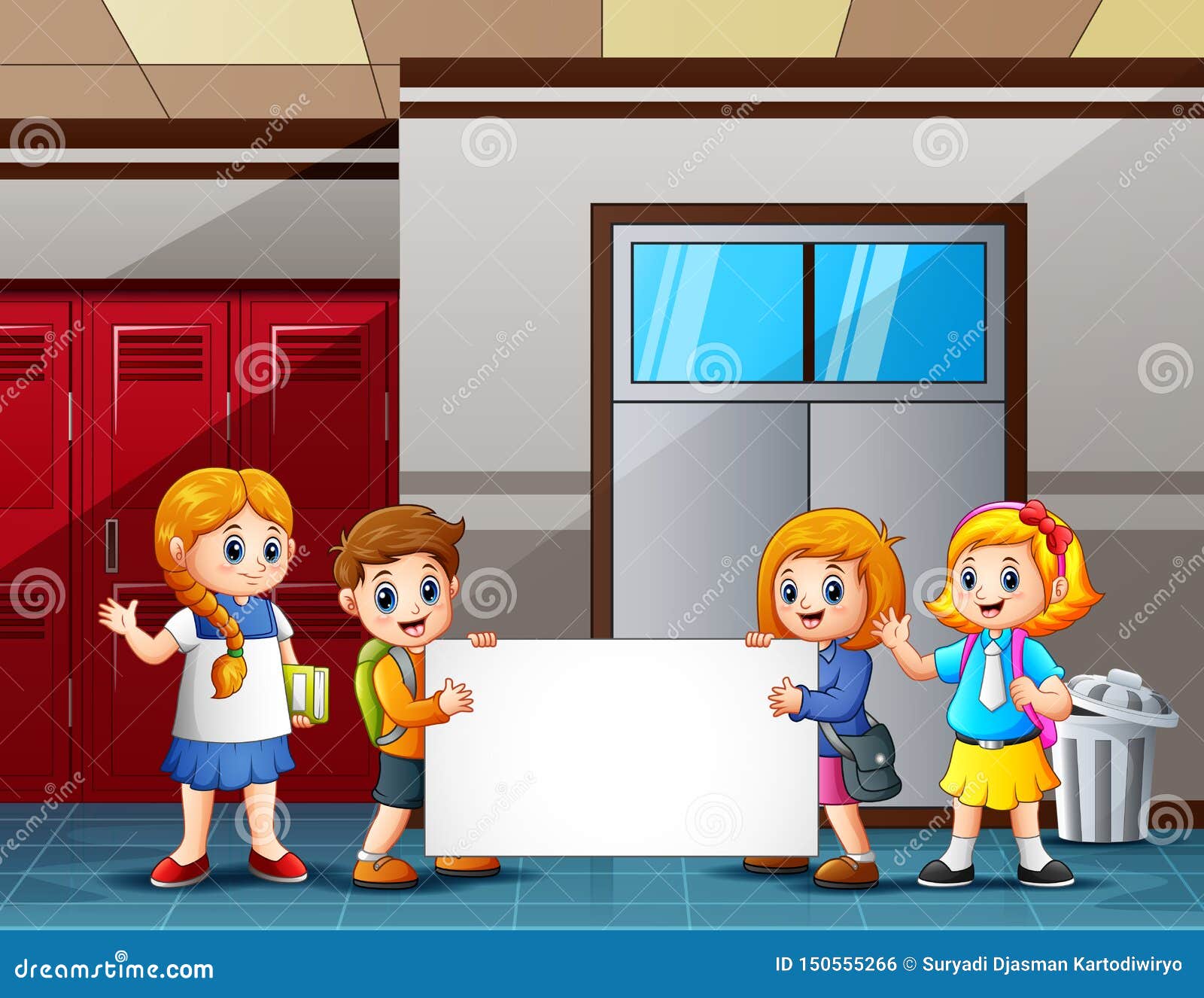 School Children Holding a Blank Sign in Front the Classroom Stock ...