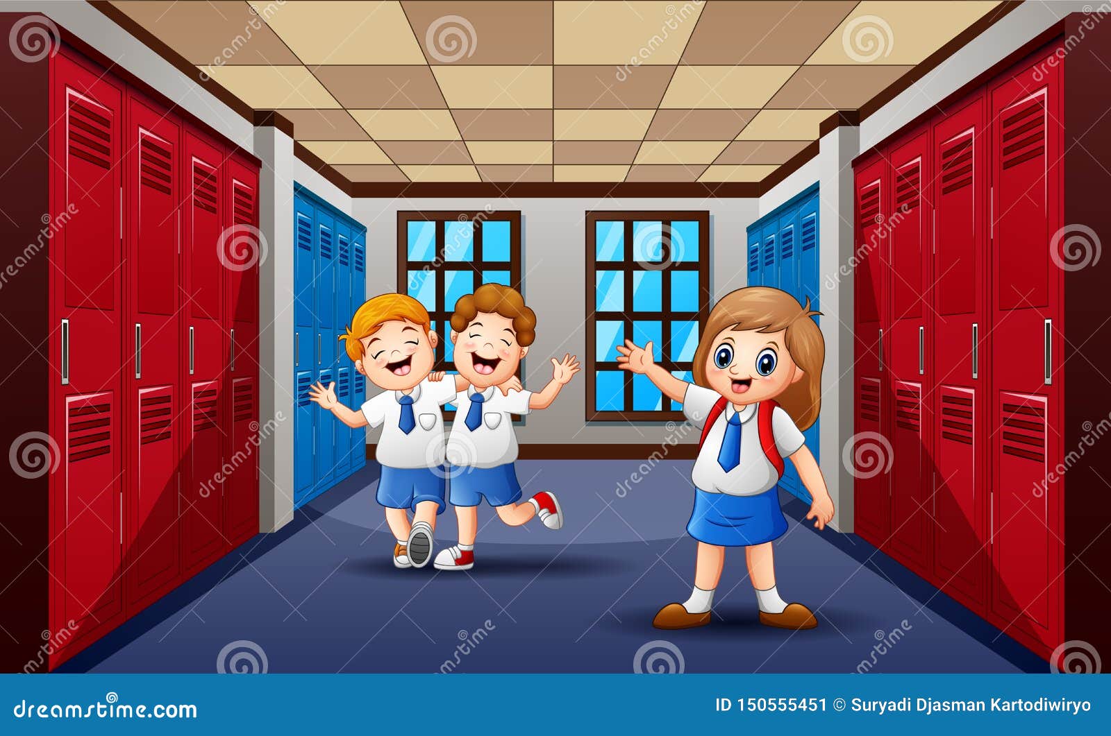 Funny Students Walking and Laughing at School Hallway Stock Vector ...