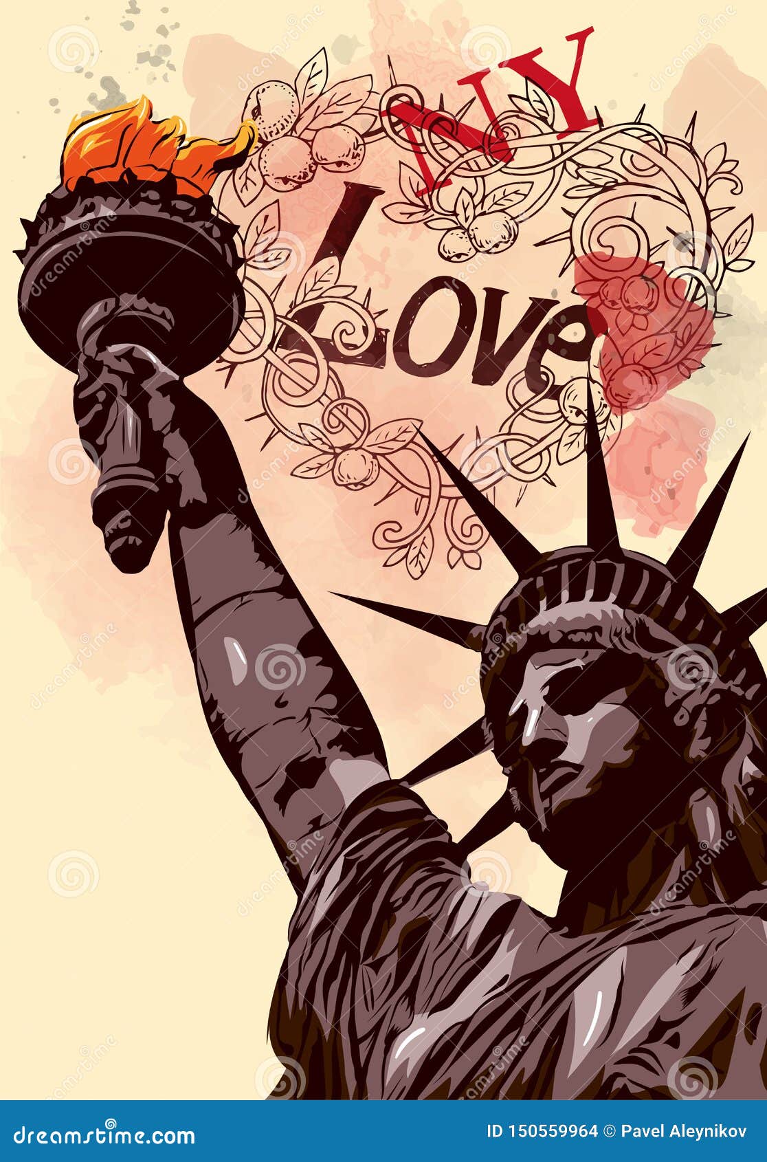 Statue of Liberty and Love NY Doodle on Watercolor Drops Stock Vector ...