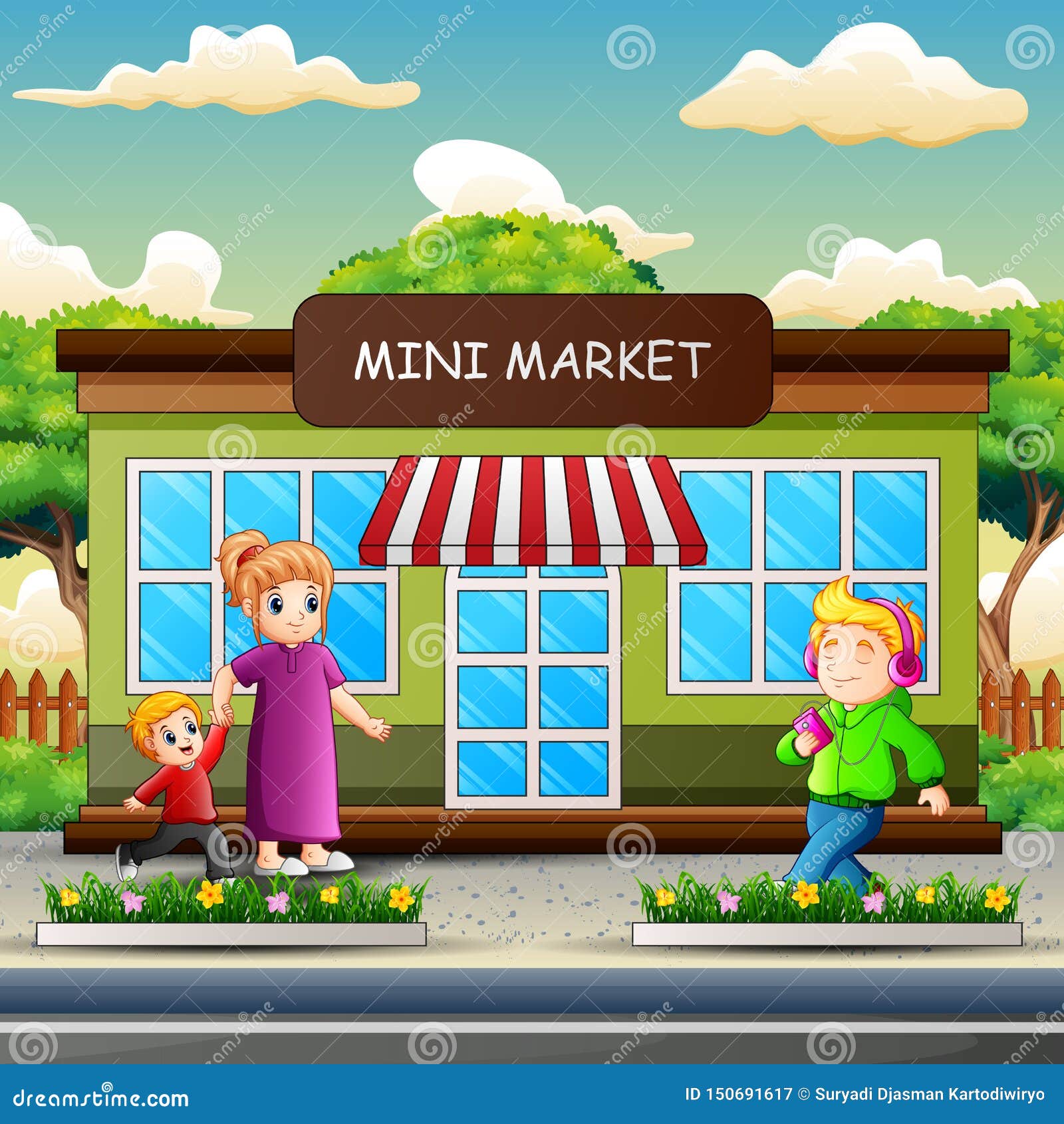Happy People Walking in Front the Mini Market Building Stock Vector ...