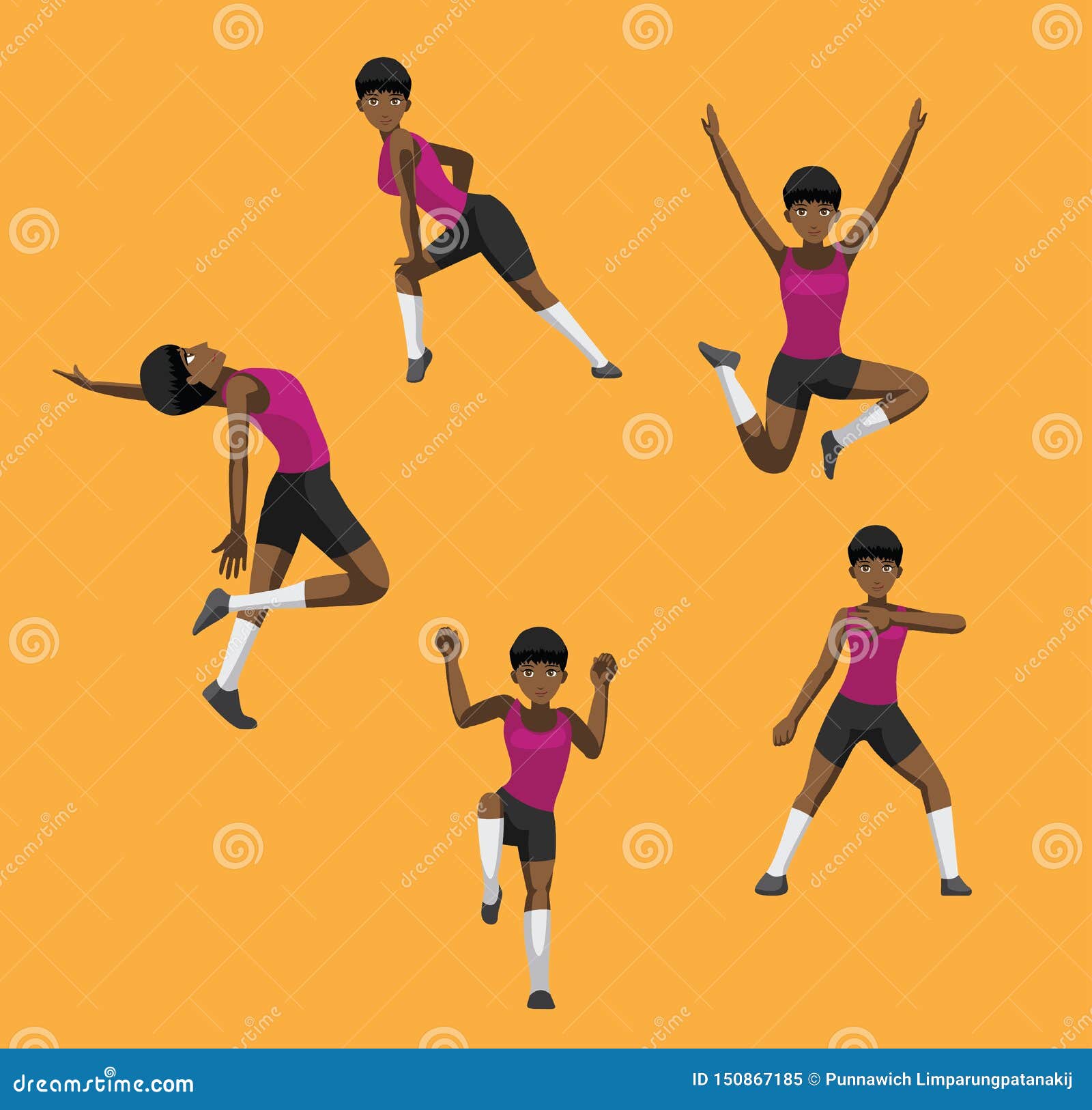 Manga Style Yellow Black Woman Cartoon Zumba Dance Poses Set Vector 2 ...
