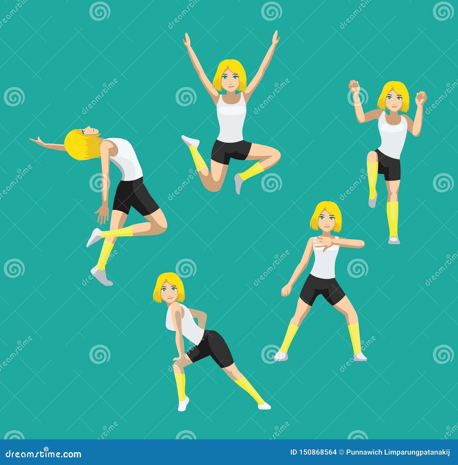 Manga Style Yellow Bob Hair Woman Cartoon Zumba Dance Poses Set Vector ...